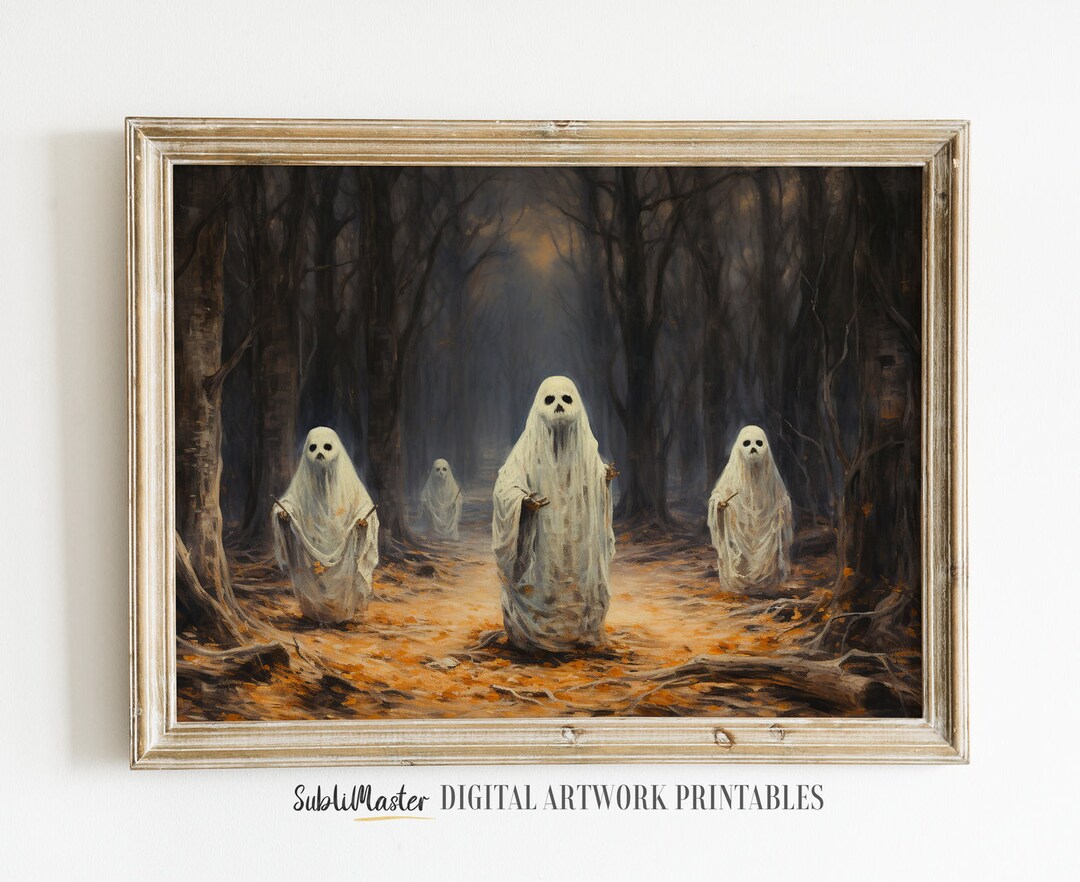 PRINTABLE Halloween Wall Art, Ghosts in Haunted Forest, Goth Room Decor ...