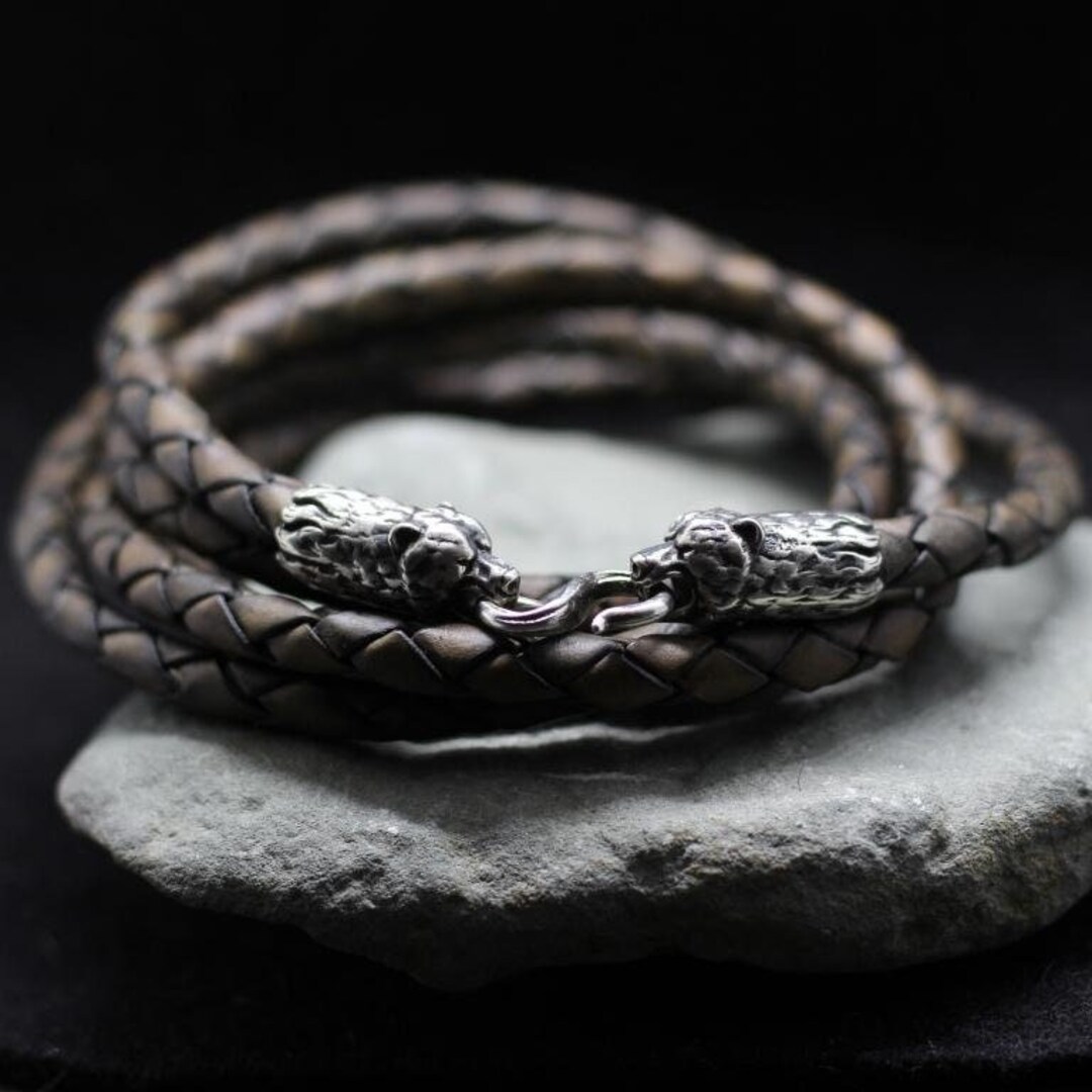 Angry Bear's Head Leather Silver Jewelry Bracelet. Jewelry With Bear ...