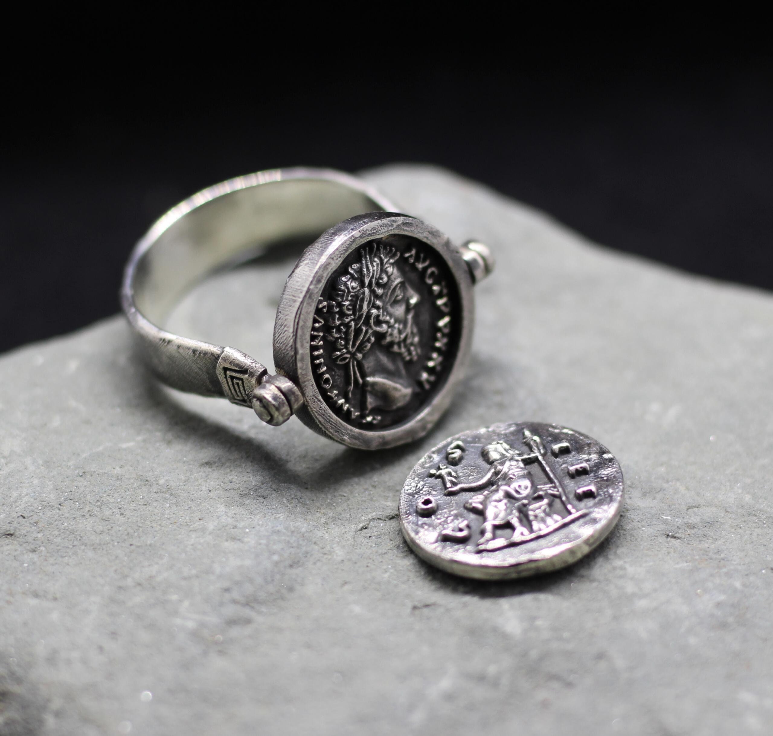 Roman Coin Oldened Jewelry Ring Marcus Aurelius Stoicism. Roman Emperor ...