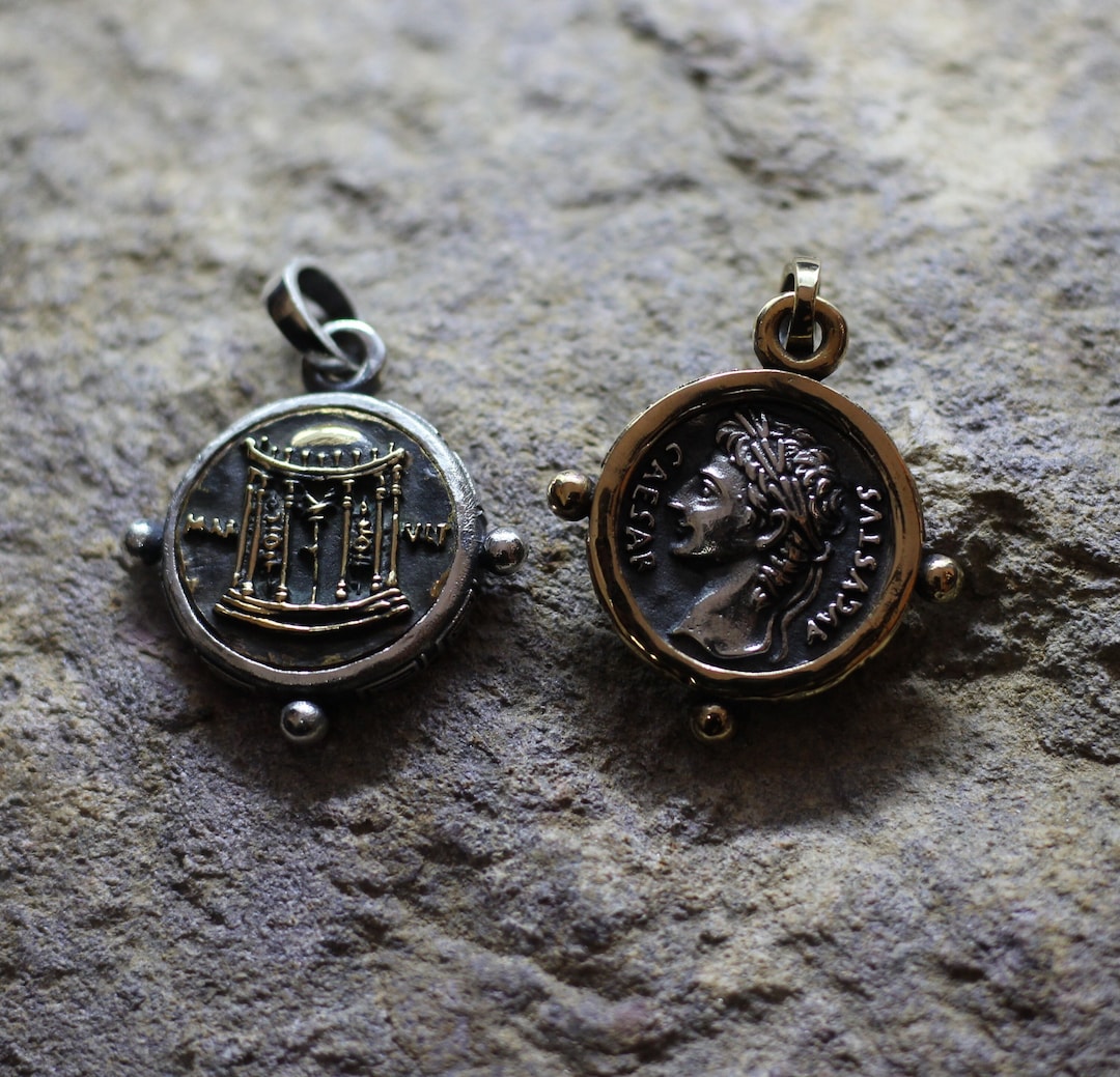 Caesar Augustus and Temple of Mars Antique Coin Jewelry Pendant. 2 ...