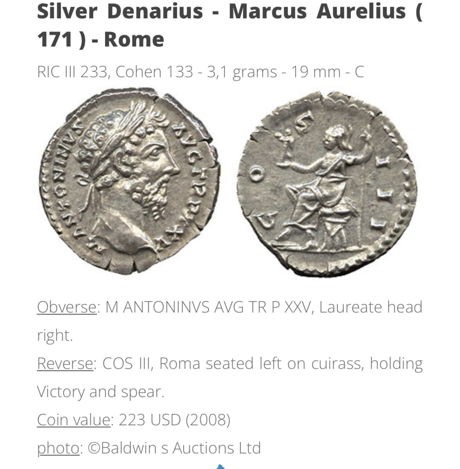 Marcus Aurelius Denarius Replica Coin. Roman Empire Coin. Stoicism ...