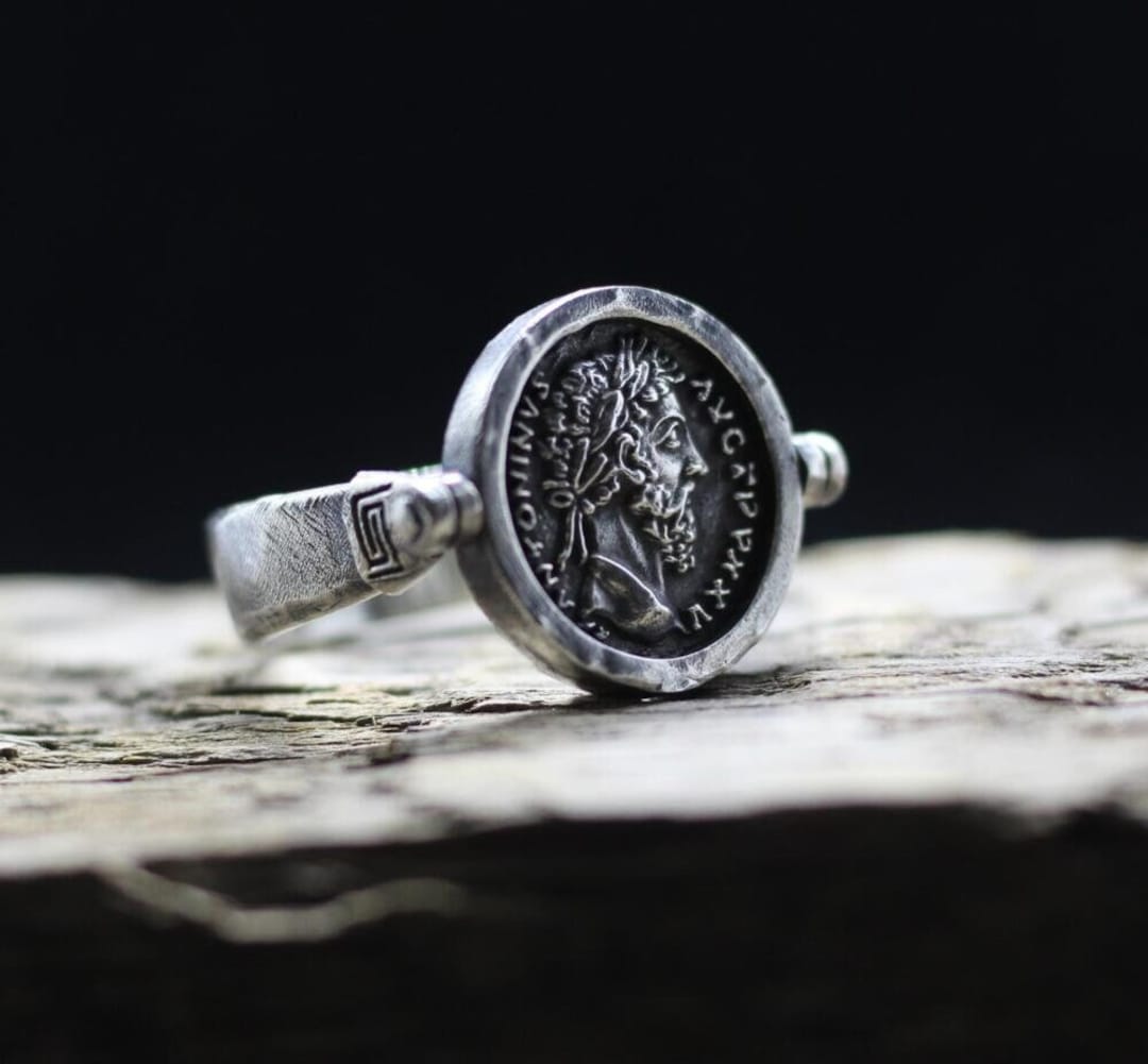 Roman Coin Oldened Jewelry Ring Marcus Aurelius Stoicism. Roman Emperor ...