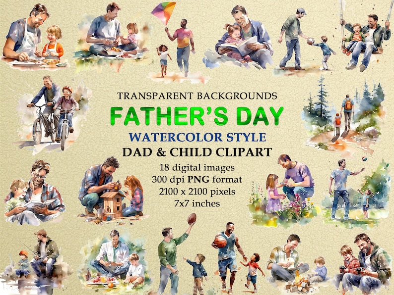 Father's Day Watercolor Clipart: Dad & Child PNG Images (digital ...