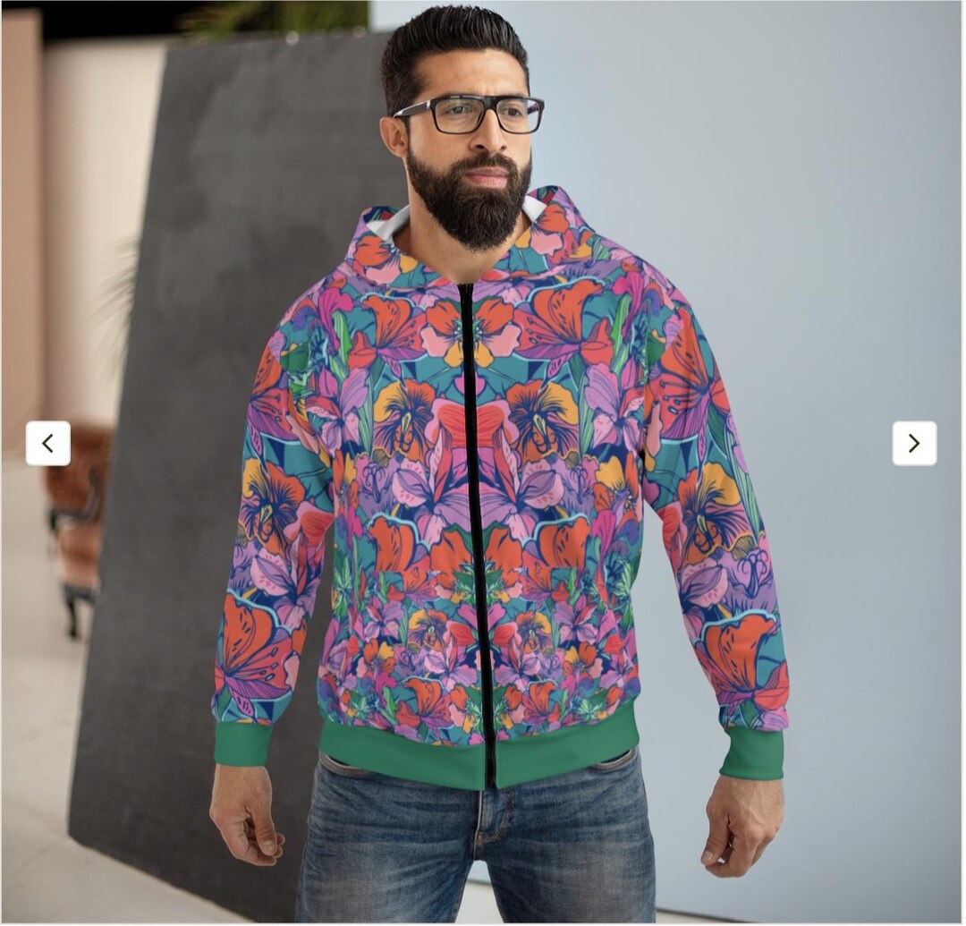 Botanical Print Cotton Hoodie, Full Zip Floral Jacket, Flower Pattern ...