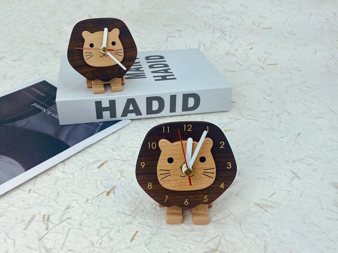 Cute Handmade Lion Desk Clock, Wooden Animal Kids Clock Gifts for Home ...