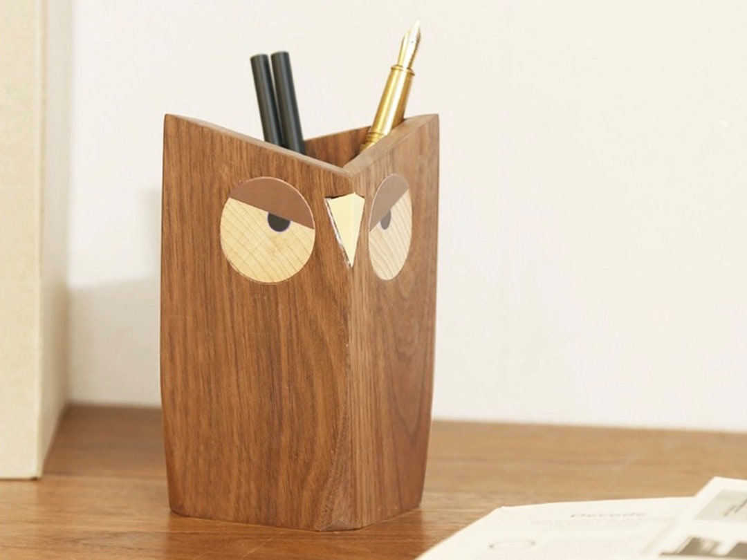 Wooden Owl Pen Holder for Desk, Unique Wood Animal Pencil Holder Home ...