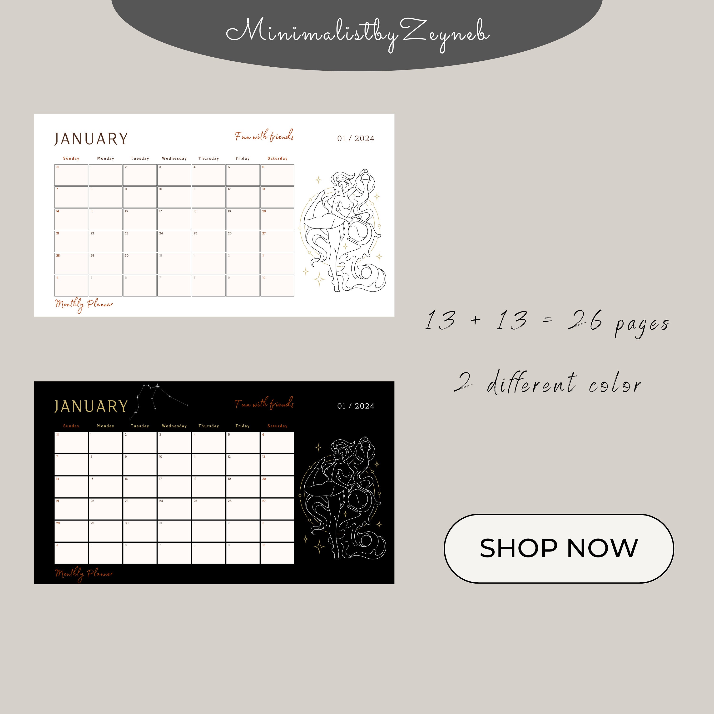 Zodiac Monthly Calendar, Simple Calendar, Printable Calendar Pages, PDF ...