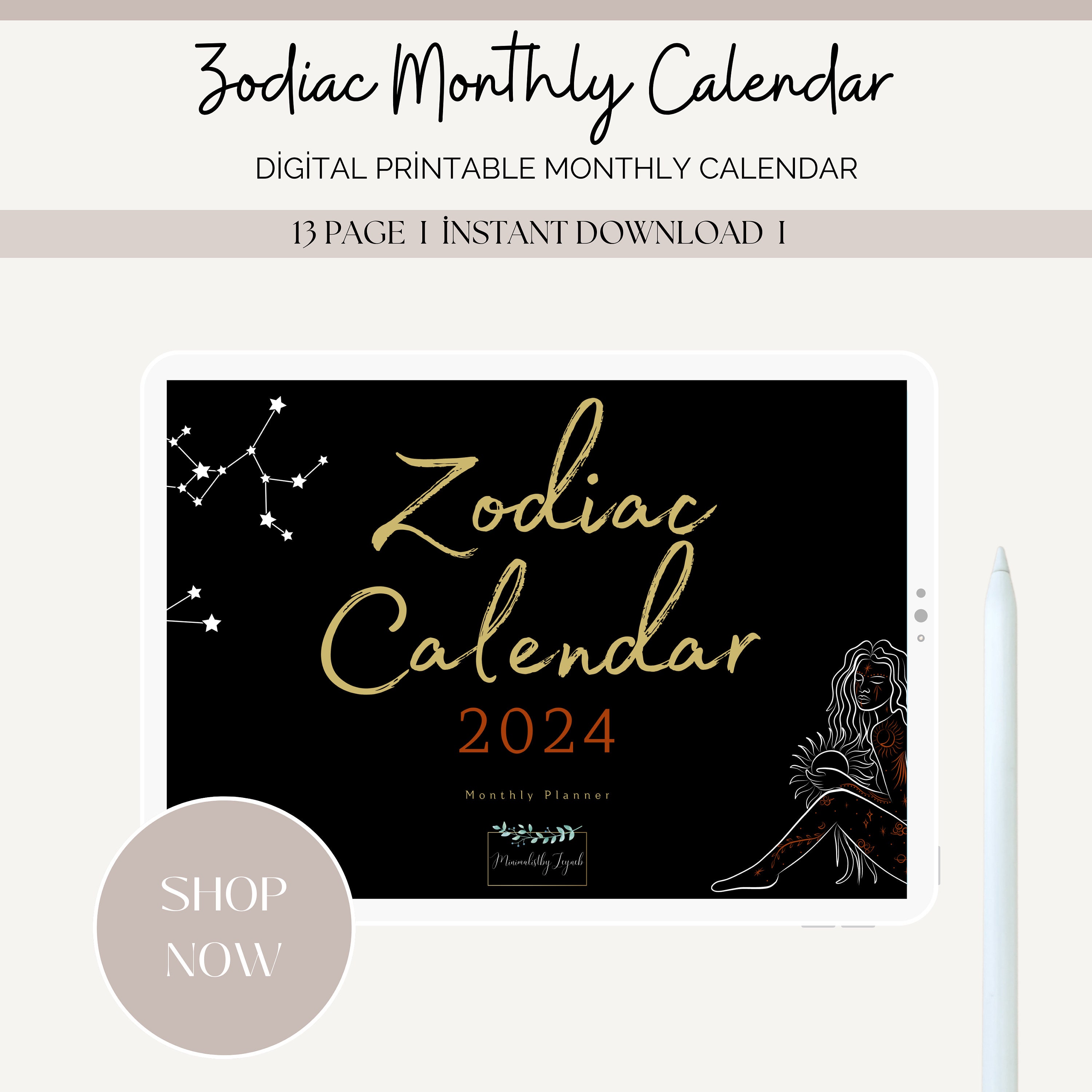 Zodiac Monthly Calendar, Simple Calendar, Printable Calendar Pages, PDF ...