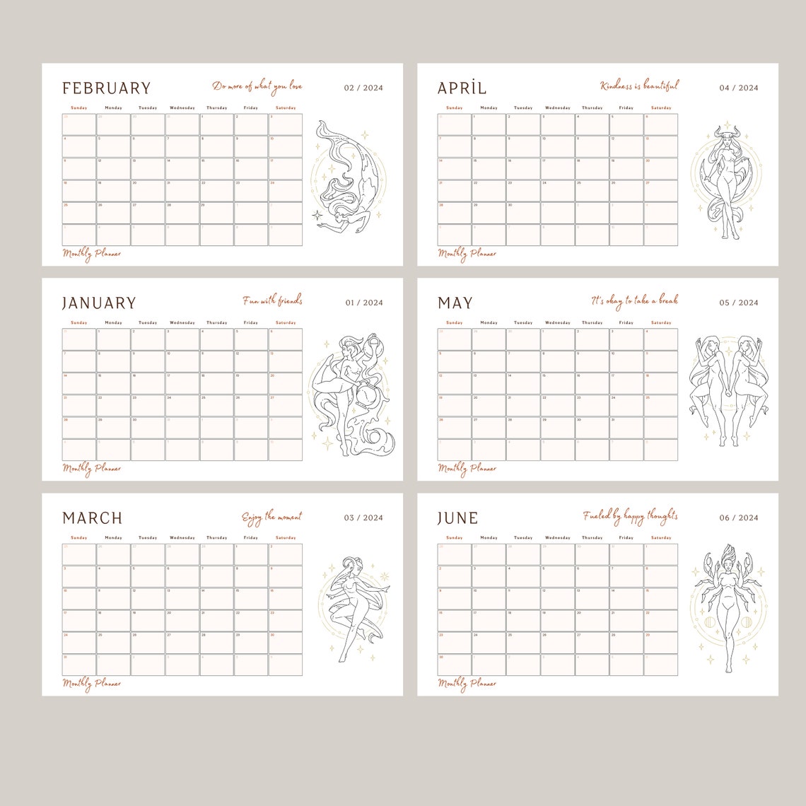 Zodiac Monthly Calendar, Simple Calendar, Printable Calendar Pages, PDF ...