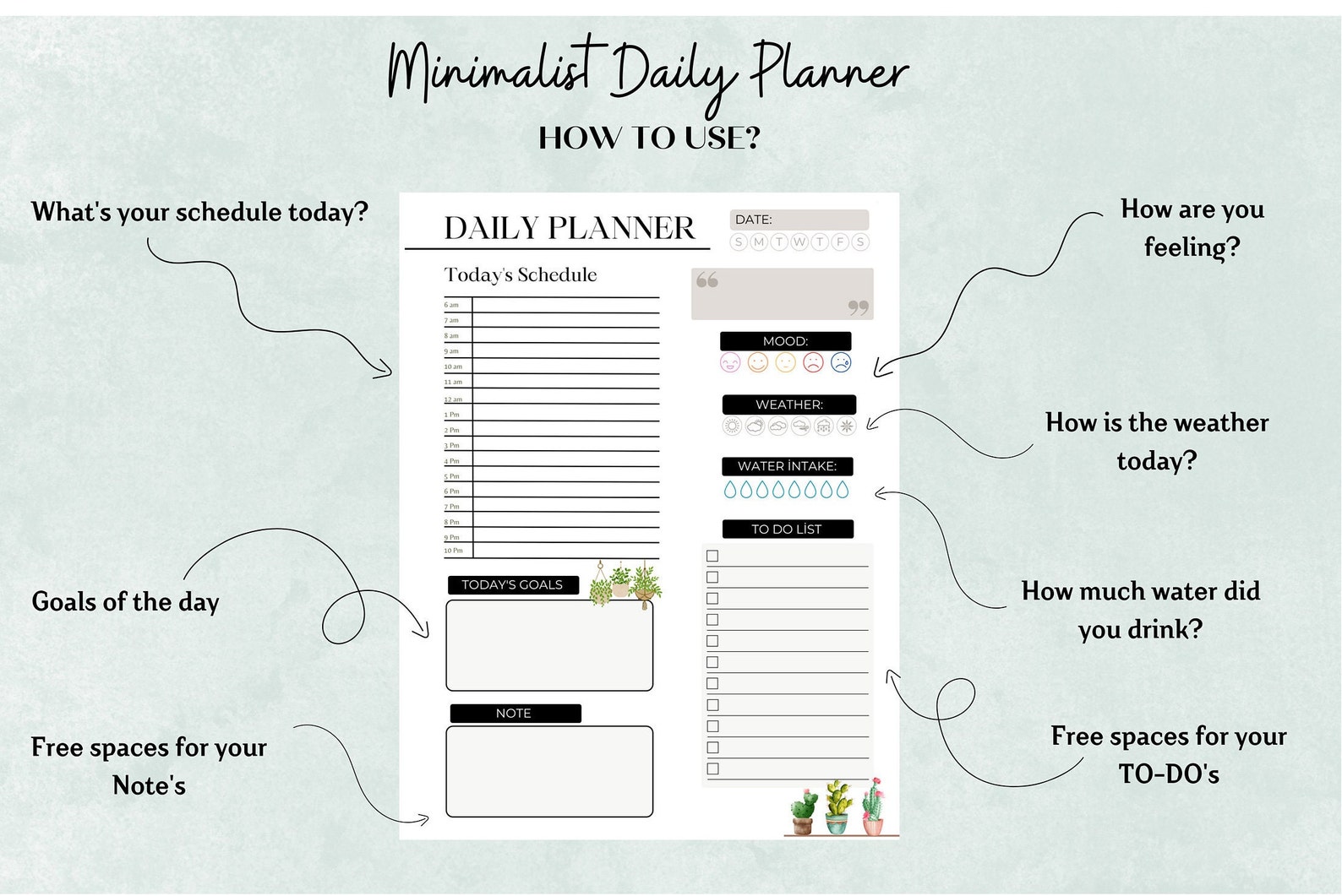 Simple Daily Planner | Printable Minimalist To-do List | Hourly ...