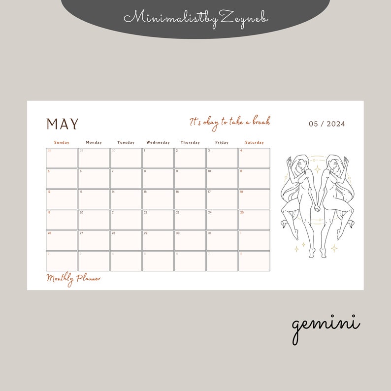 Zodiac Monthly Calendar, Simple Calendar, Printable Calendar Pages, PDF ...
