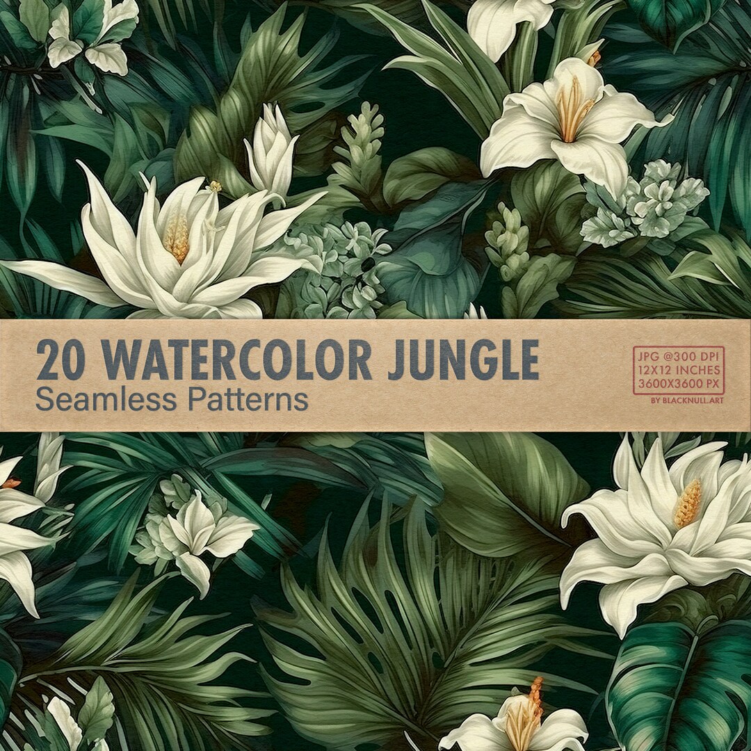 Watercolor Tropical Jungle Digital Paper, Exotic Greenery Seamless ...