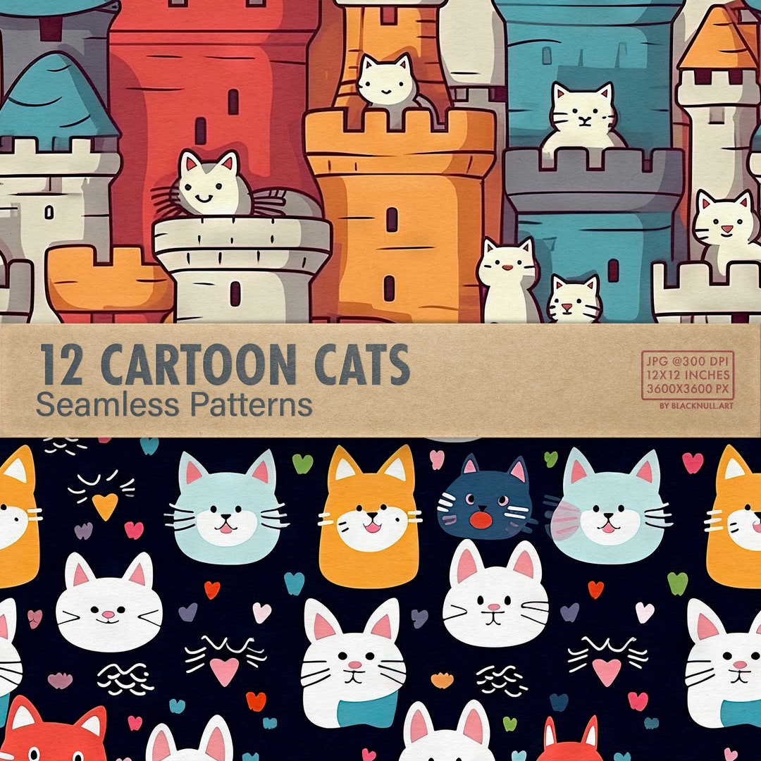 Colorful Cartoon Cats Digital Papers, Cute Kittens, Cool Kitty Seamless ...