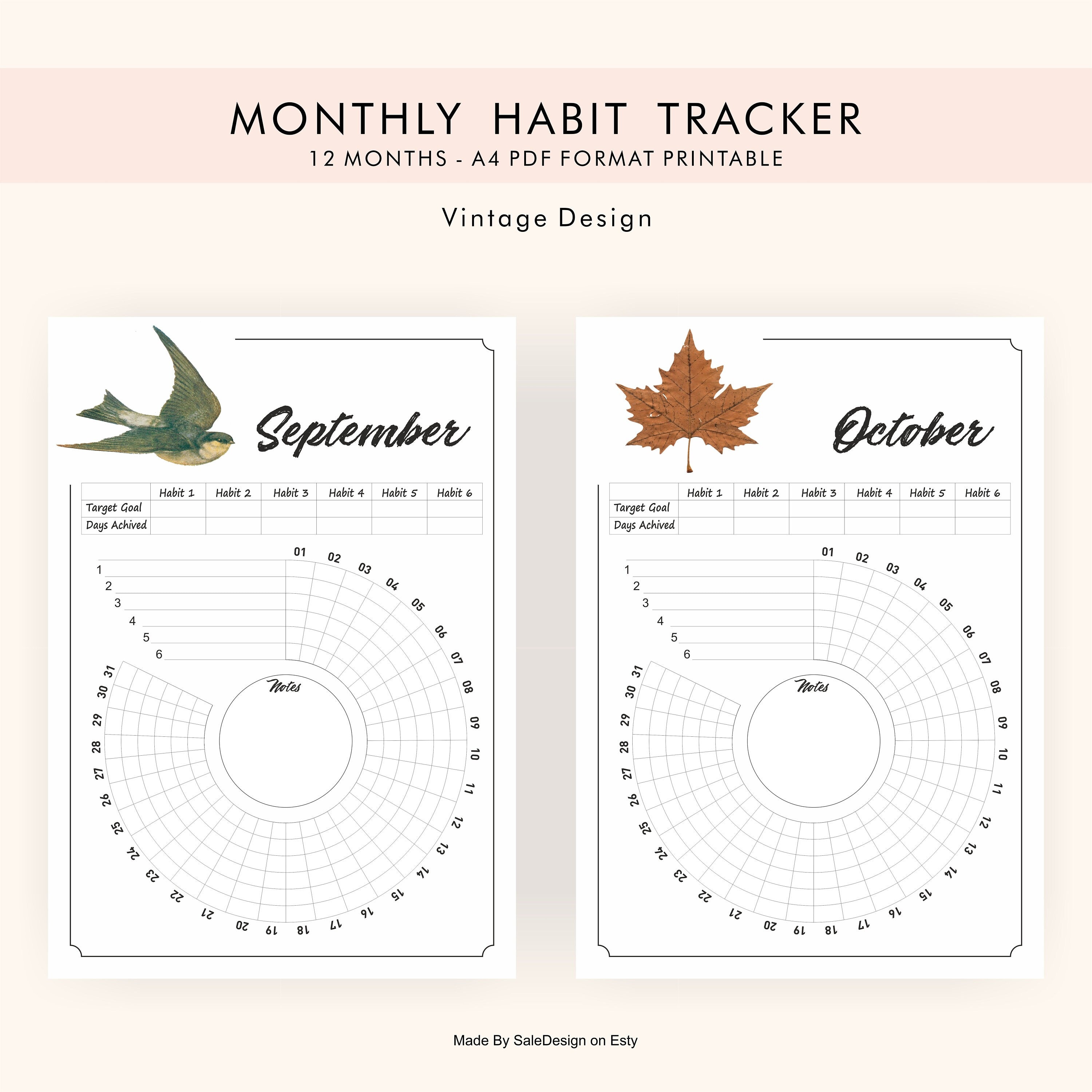 Circle Vintage Monthly Habit Tracker 12 Month Pdf File in 1 Zip Habit ...