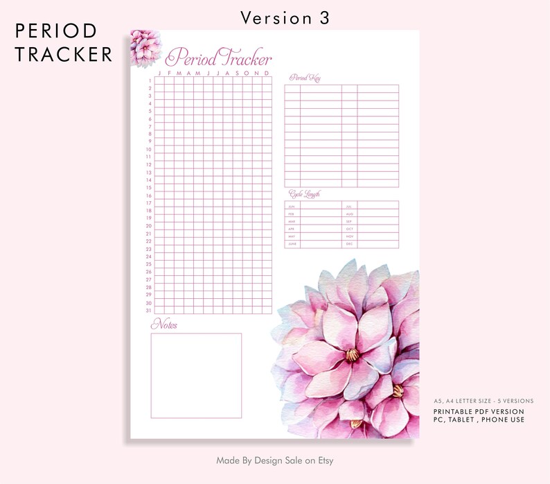 Flowers Period Tracker A4, A5 Size Tracker, Monthly Period Tracker ...