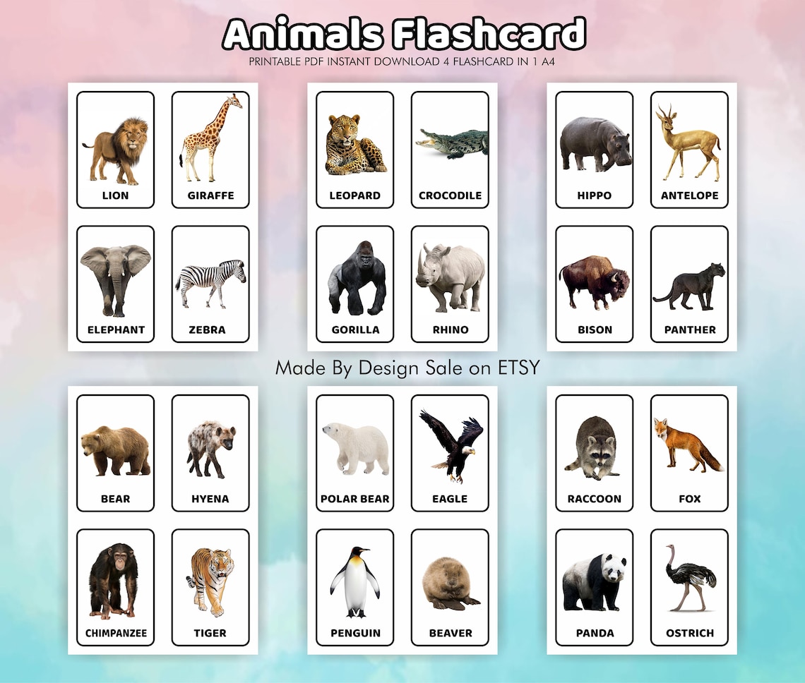 Animals Printable Flashcards, Printable Cards Preschool, Animals Cards ...