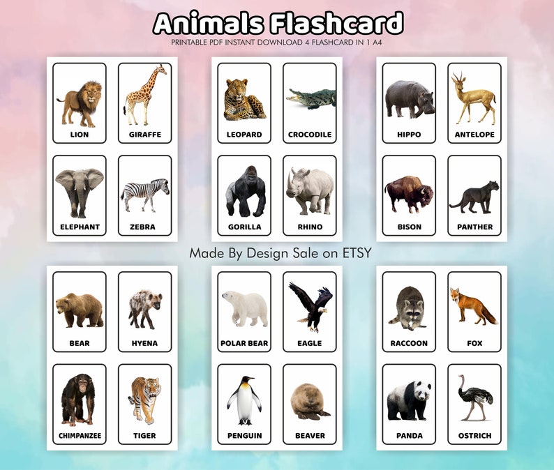 Animals Printable Flashcards, Printable Cards Preschool, Animals Cards ...