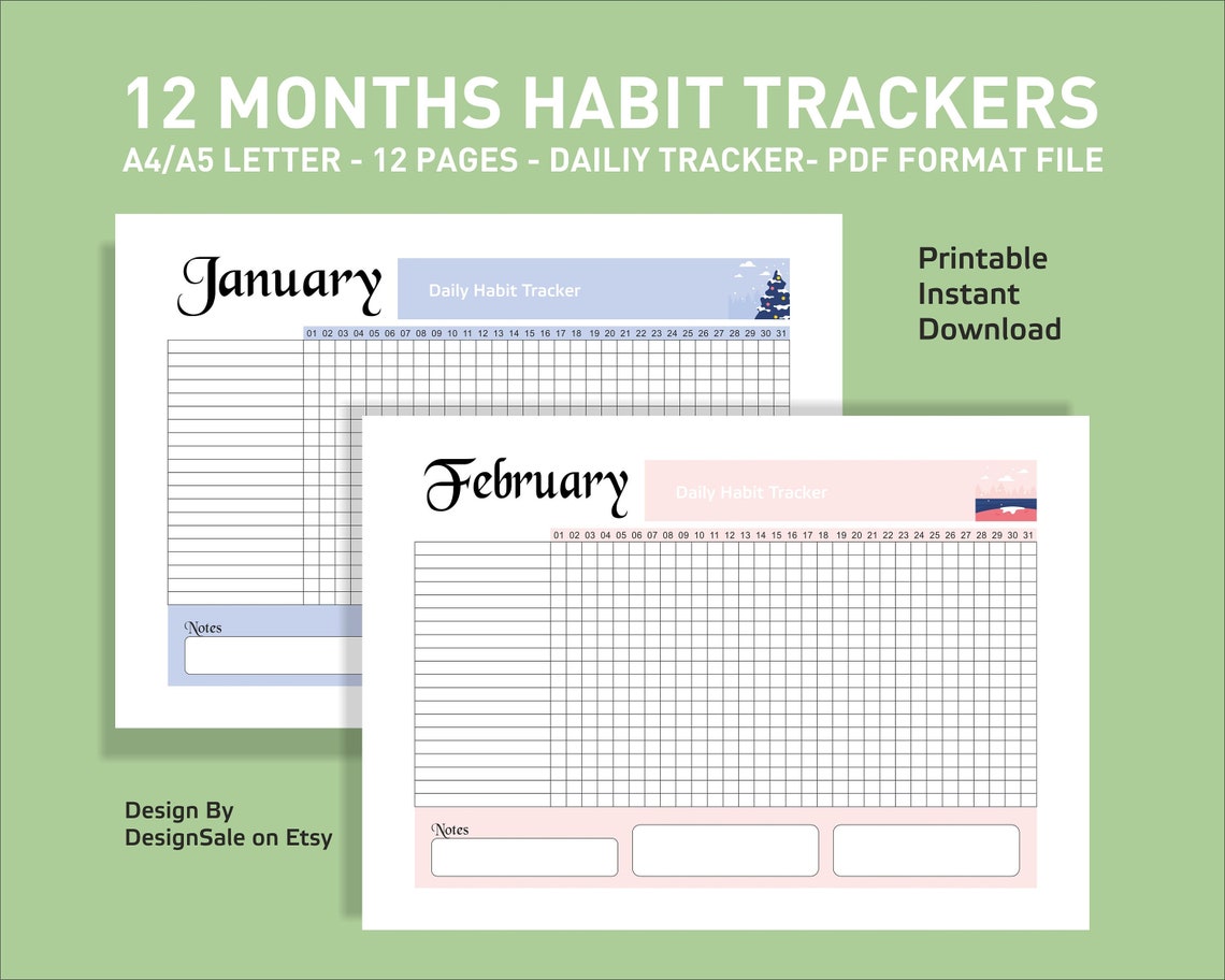 Habit Tracker Printable PDF, Floral 12 Month Habit Tracker, Botanical ...