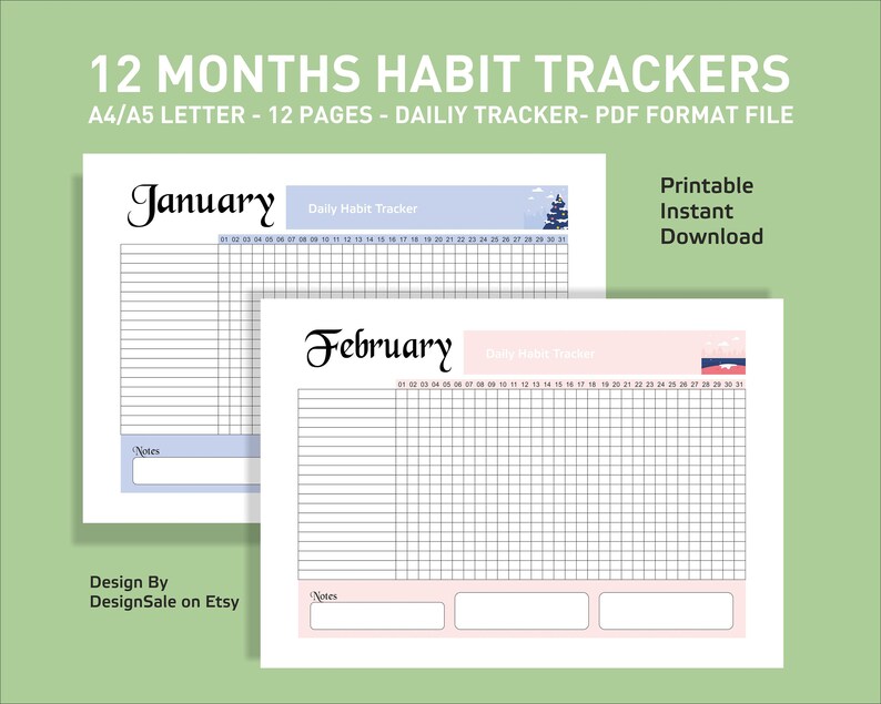 Habit Tracker Printable PDF, Floral 12 Month Habit Tracker, Botanical ...