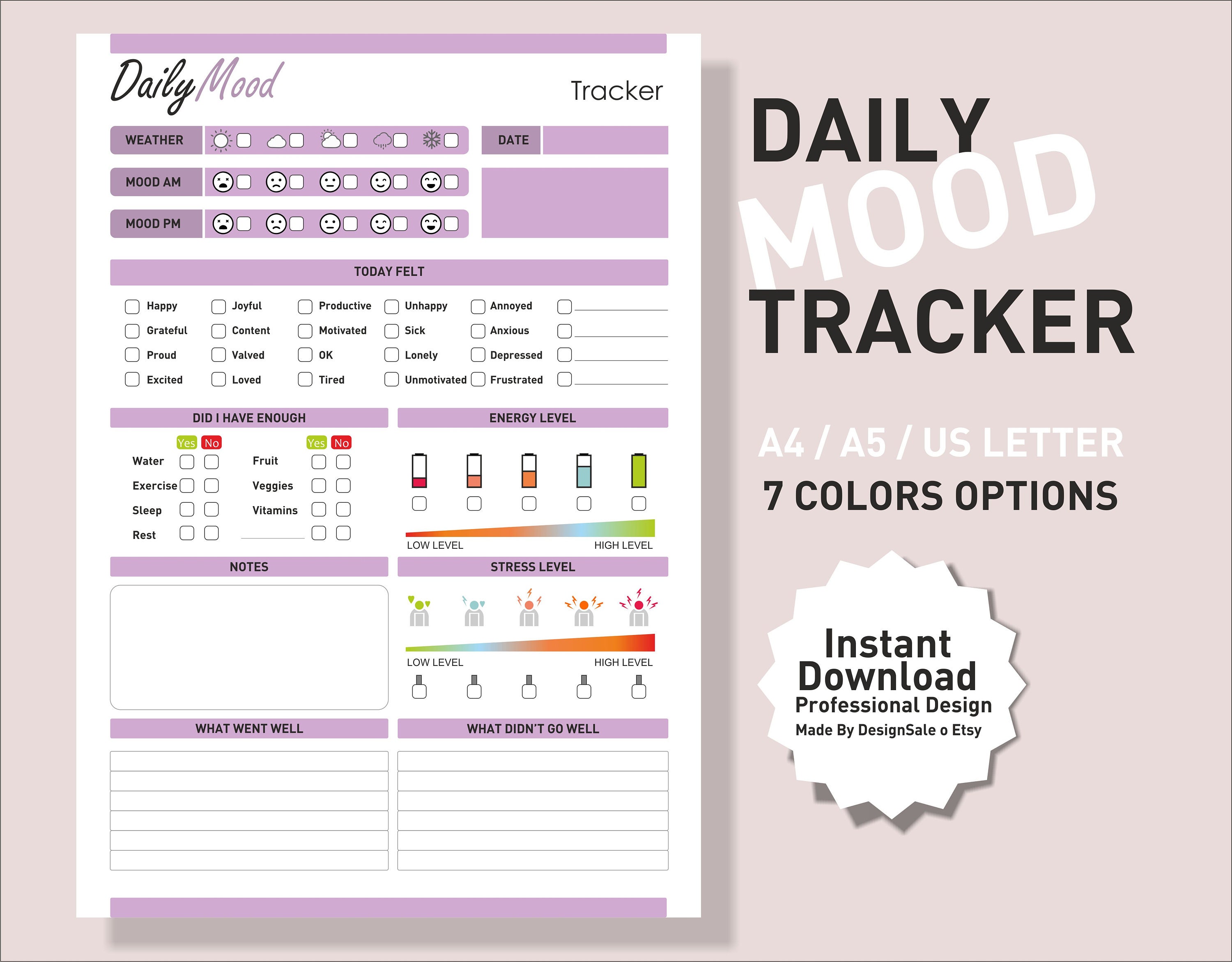 Daily Mood Tracker, 7 Versions Daily Tracker, Pintable Pdf A4,A5 Size ...