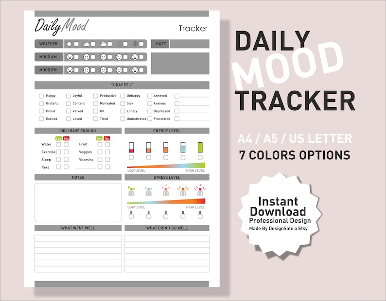 Daily Mood Tracker, 7 Versions Daily Tracker, Pintable Pdf A4,A5 Size ...