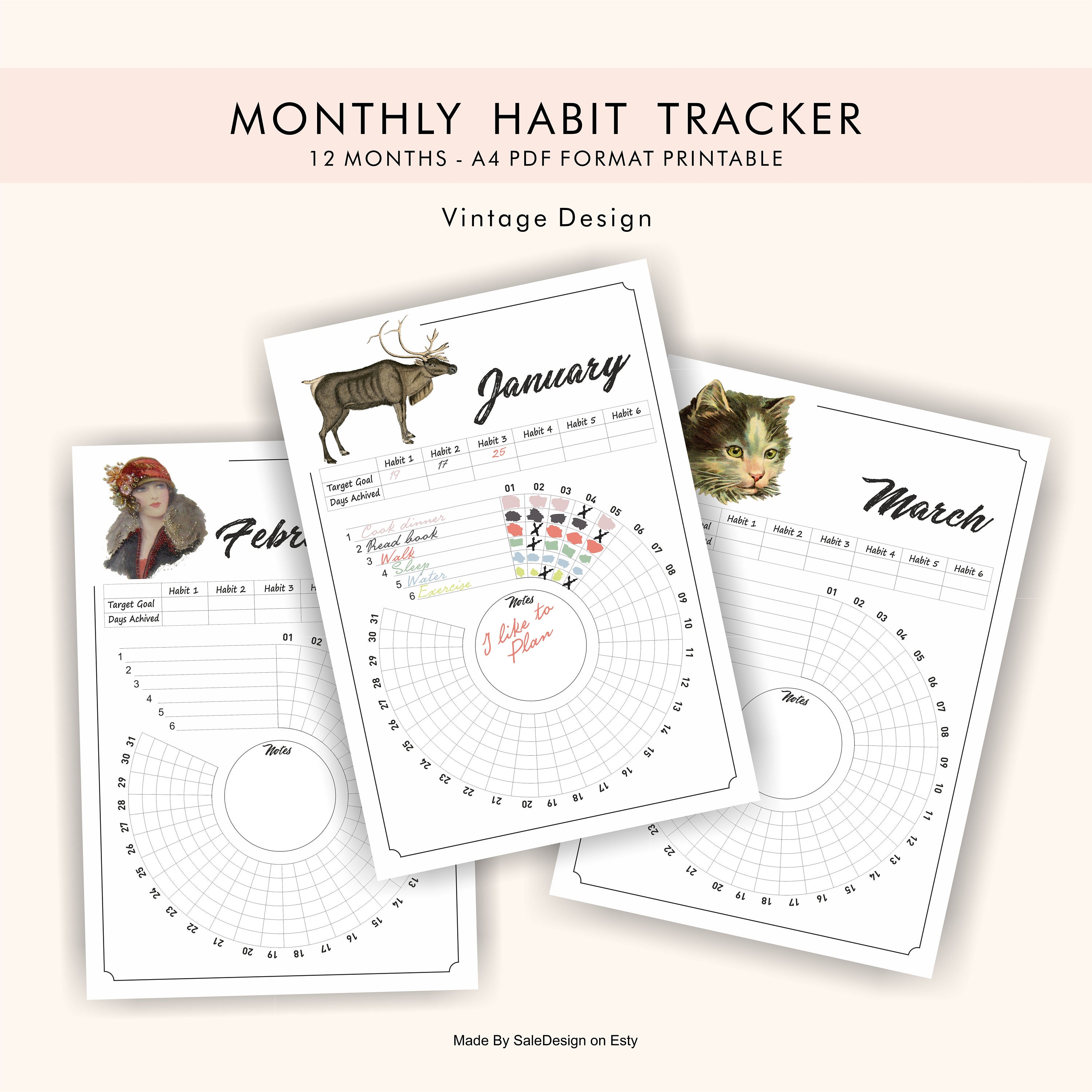 Circle Vintage Monthly Habit Tracker 12 Month Pdf File in 1 Zip Habit ...