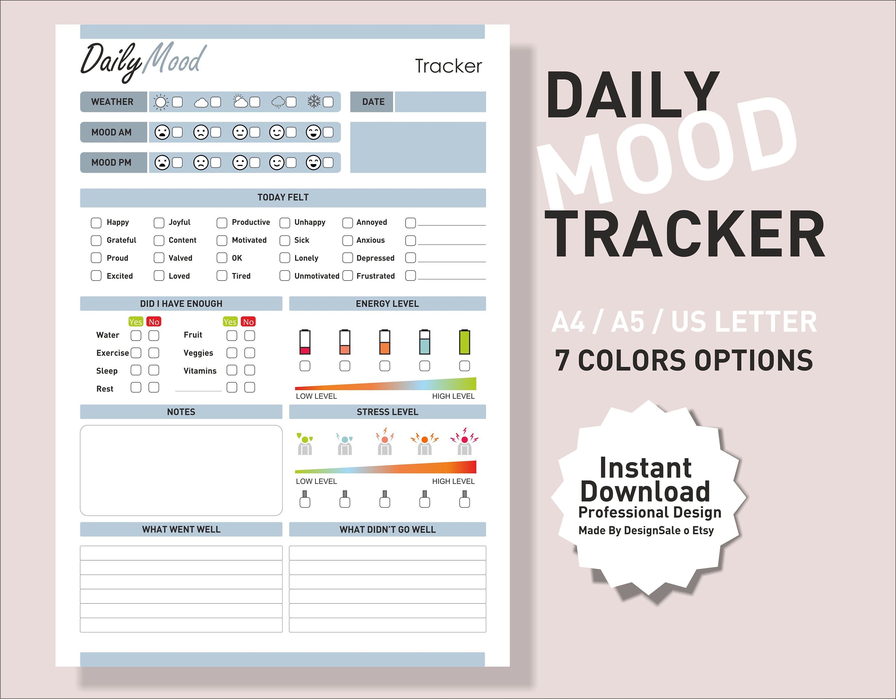 Daily Mood Tracker, 7 Versions Daily Tracker, Pintable Pdf A4,A5 Size ...