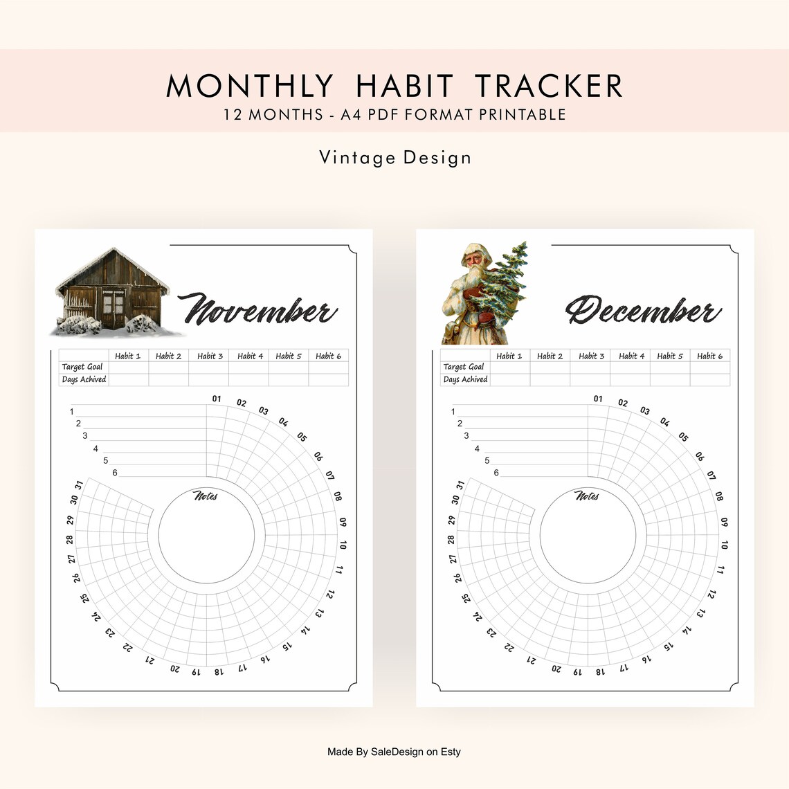 Circle Vintage Monthly Habit Tracker 12 Month Pdf File in 1 Zip Habit ...