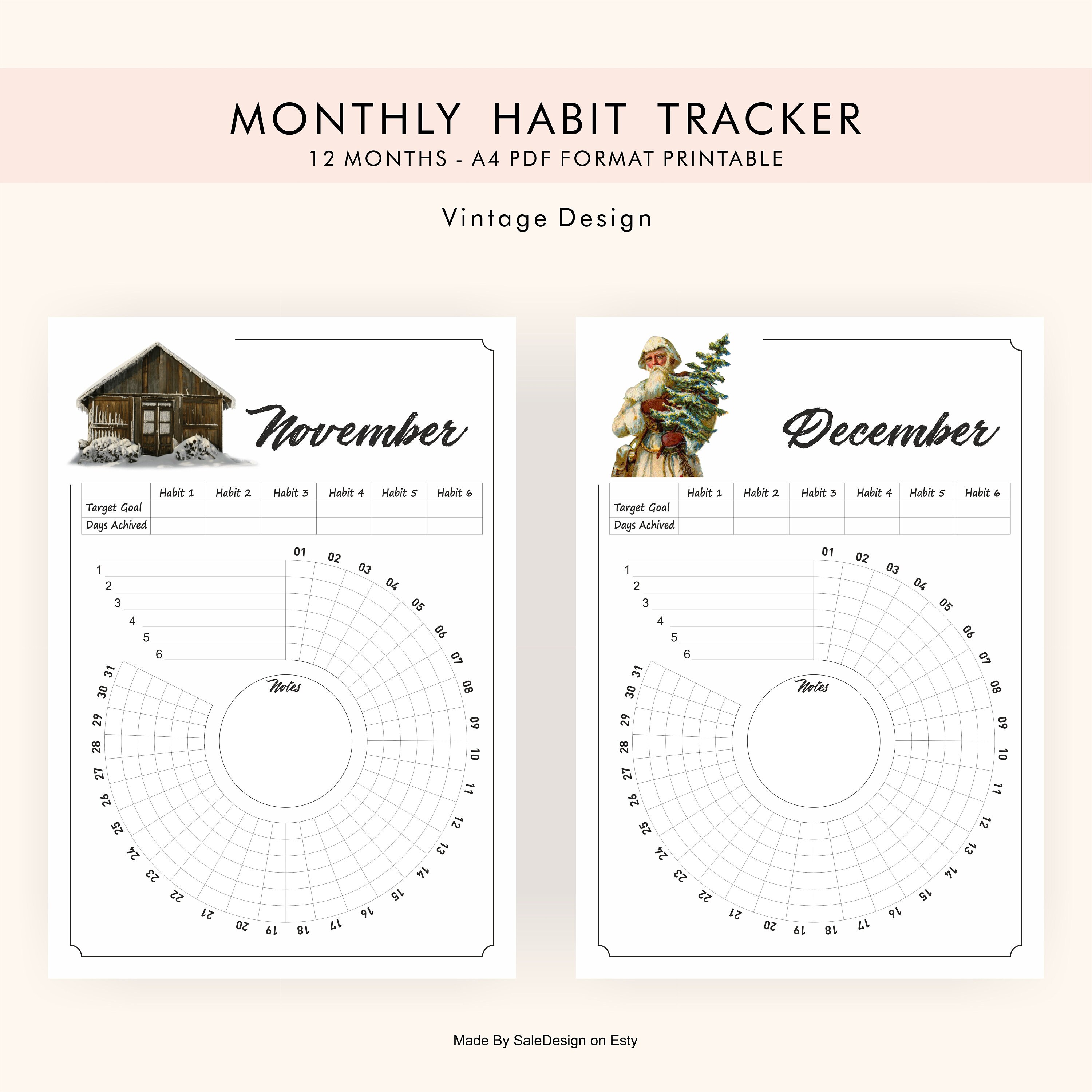 Circle Vintage Monthly Habit Tracker 12 Month Pdf File in 1 Zip Habit ...