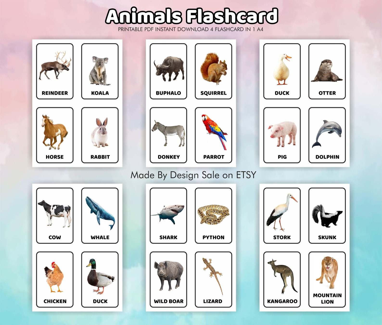 Animals Printable Flashcards, Printable Cards Preschool, Animals Cards ...
