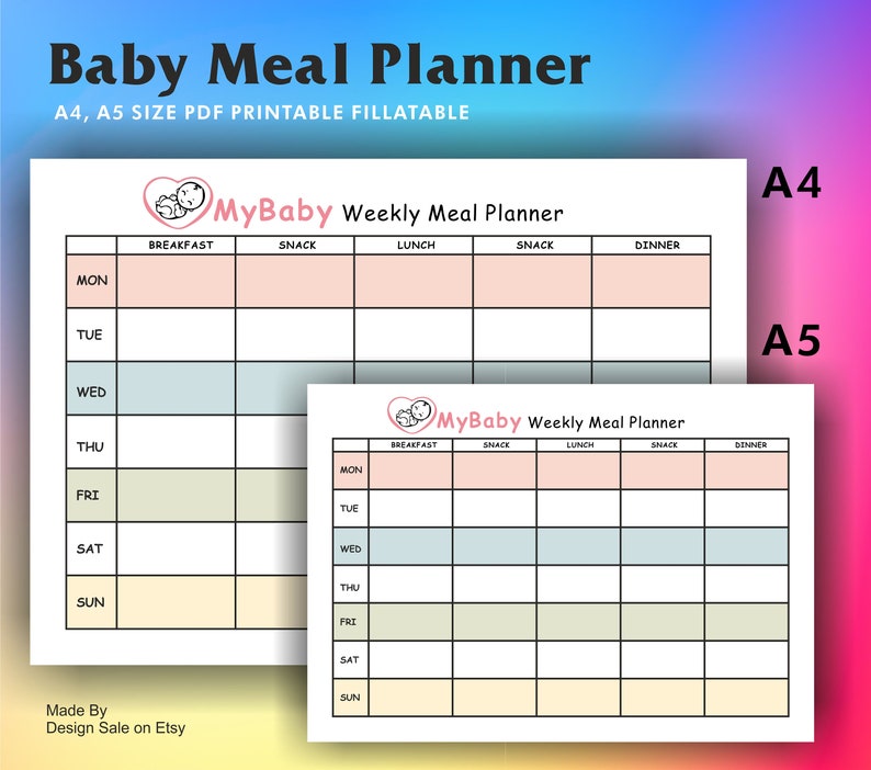 Weekly Baby Meal Planner, Baby Meal Plan A4, A5, Size Printable ...