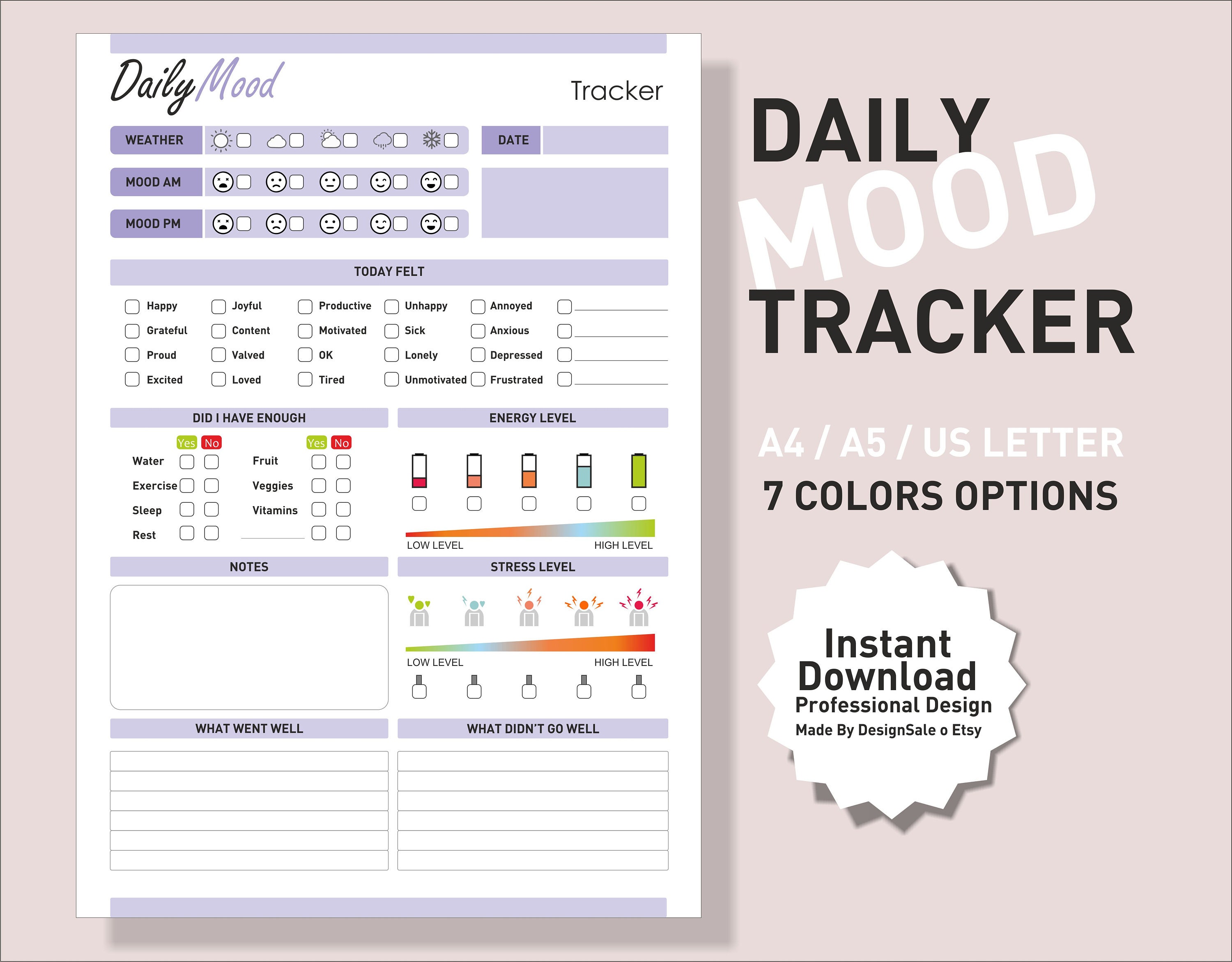 Daily Mood Tracker, 7 Versions Daily Tracker, Pintable Pdf A4,A5 Size Daily Tracker, Mood ...