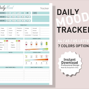 Daily Mood Tracker, 7 Versions Daily Tracker, Pintable Pdf A4,A5 Size ...