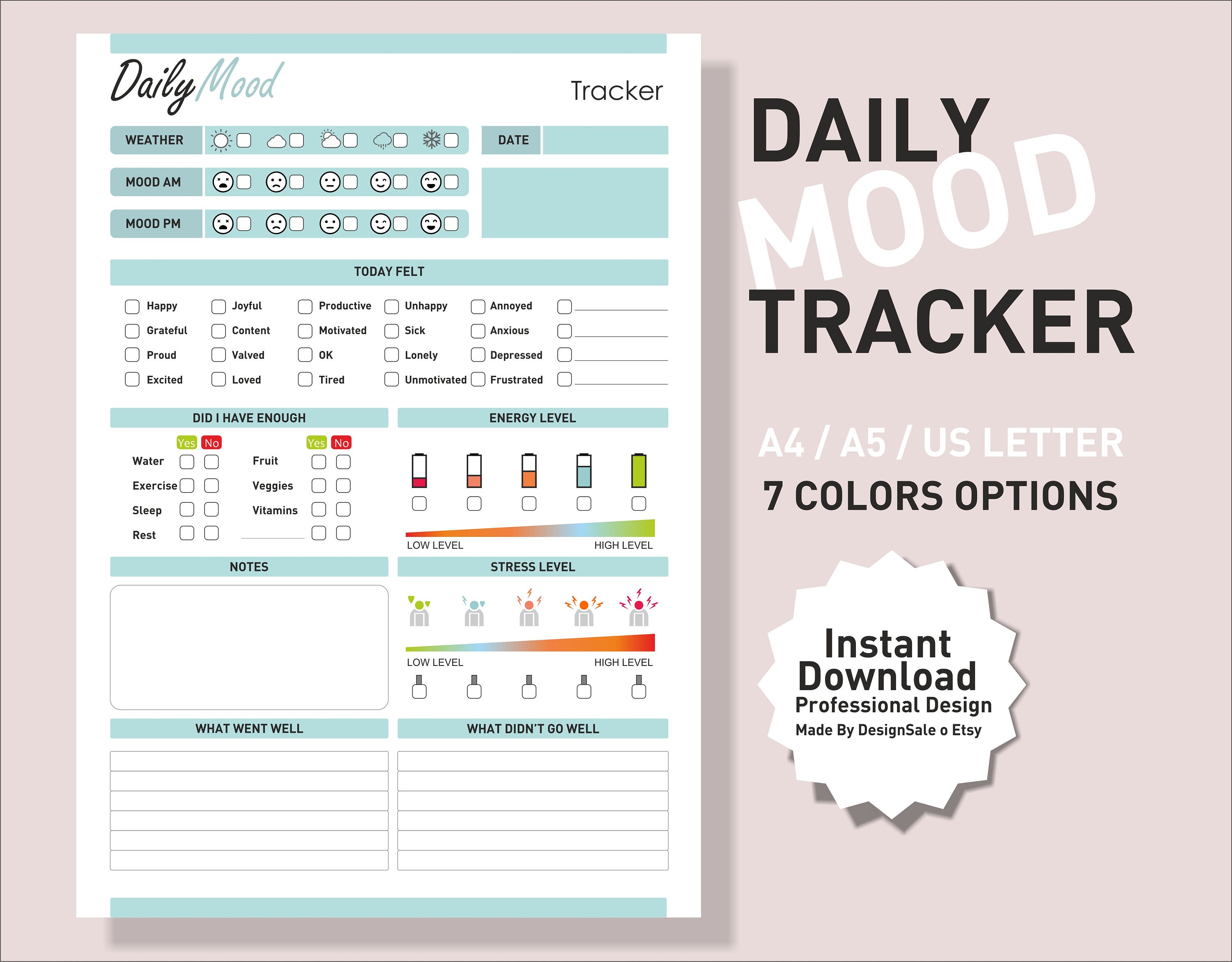 Daily Mood Tracker, 7 Versions Daily Tracker, Pintable Pdf A4,A5 Size ...