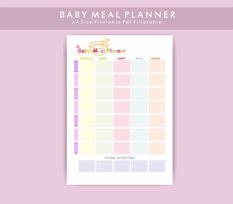 Weekly Baby Meal Planner, Baby Meal Plan A4 Size Printable Fillatable ...