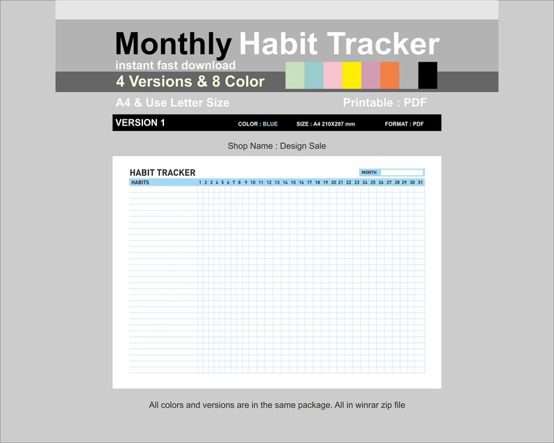 Monthly Habit Tracker Printable Landscape, Habit Tracker Template ...