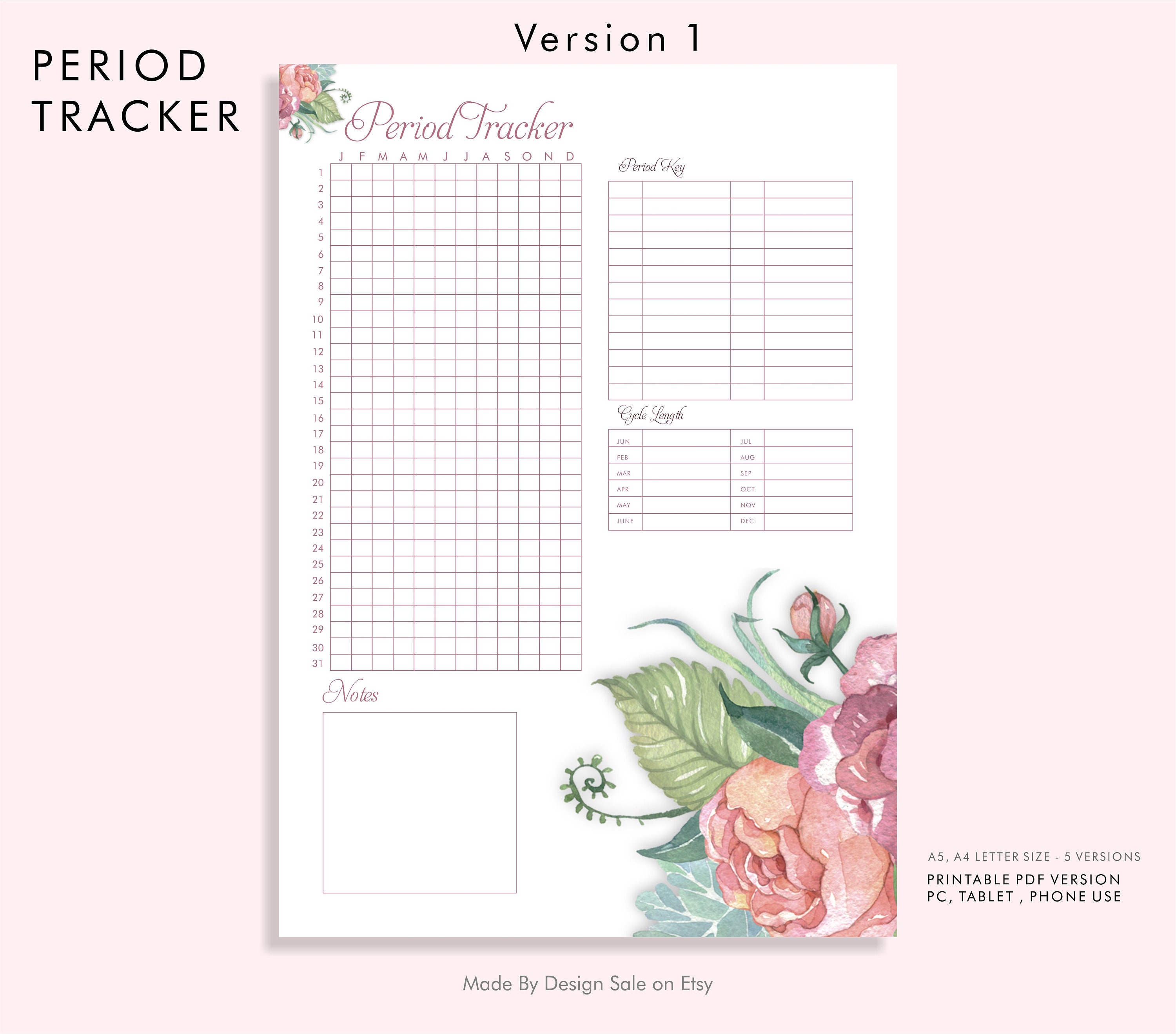 Flowers Period Tracker A4, A5 Size Tracker, Monthly Period Tracker ...