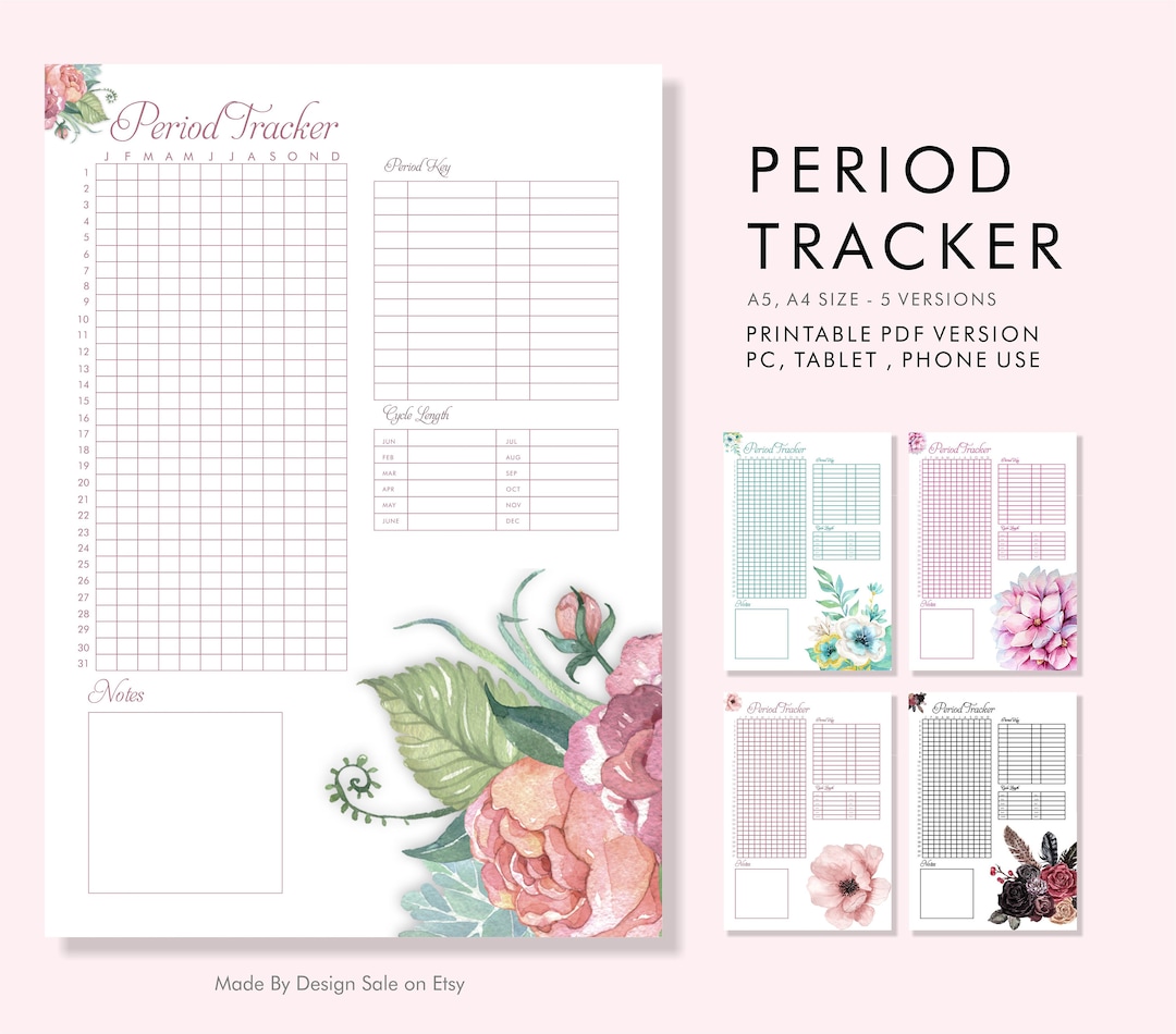 Flowers Period Tracker A4, A5 Size Tracker, Monthly Period Tracker ...