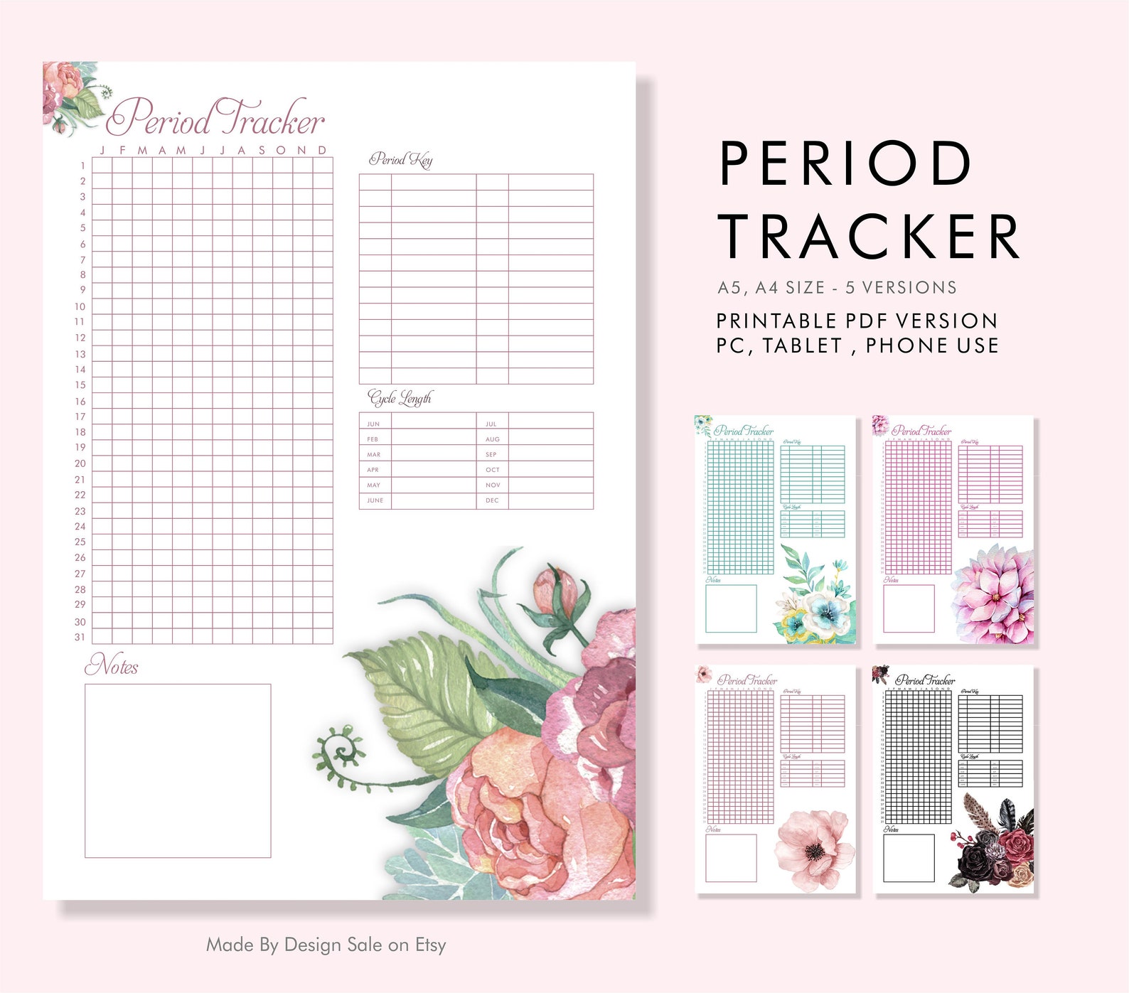 Flowers Period Tracker A4, A5 Size Tracker, Monthly Period Tracker ...