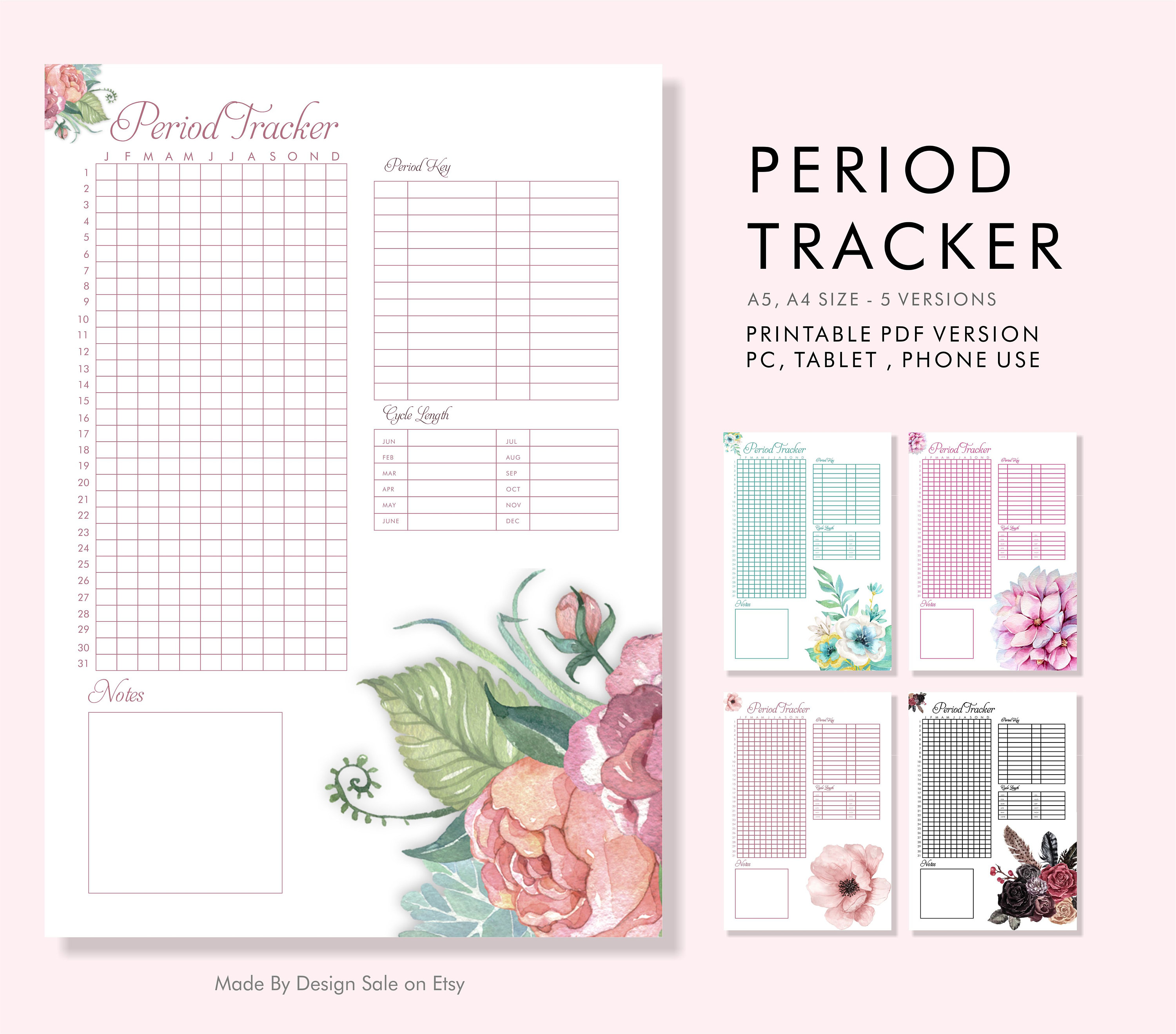 Flowers Period Tracker A4, A5 Size Tracker, Monthly Period Tracker ...