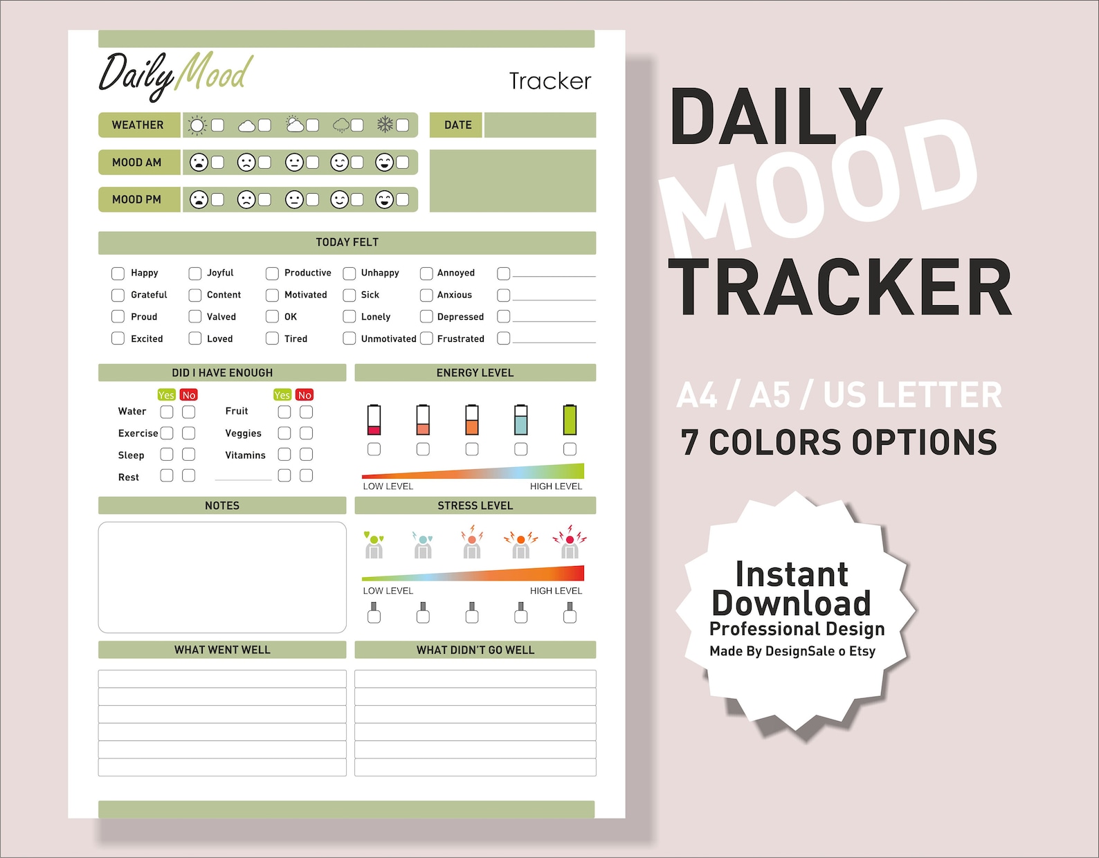 Daily Mood Tracker, 7 Versions Daily Tracker, Pintable Pdf A4,A5 Size ...