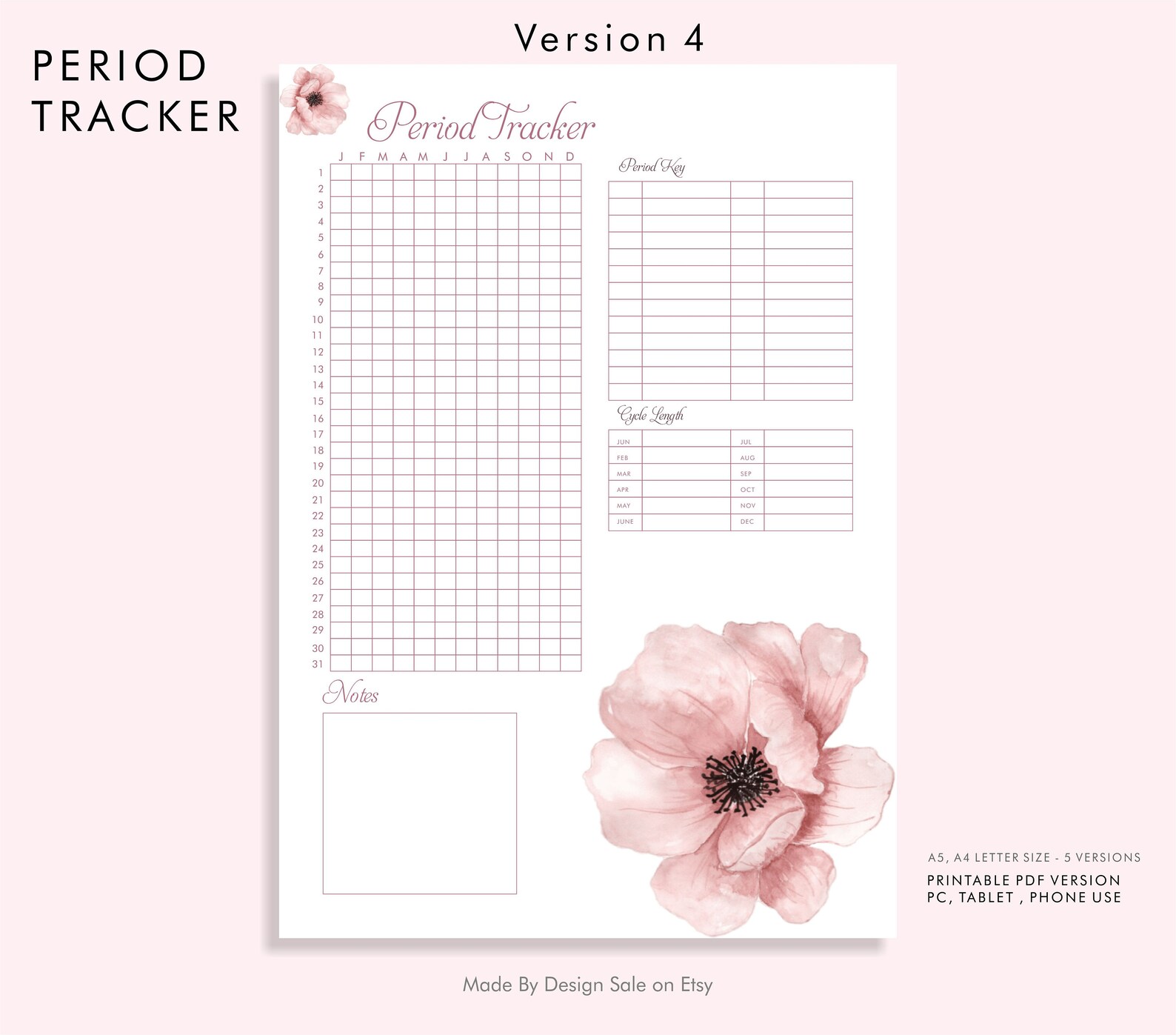 Flowers Period Tracker A4, A5 Size Tracker, Monthly Period Tracker ...