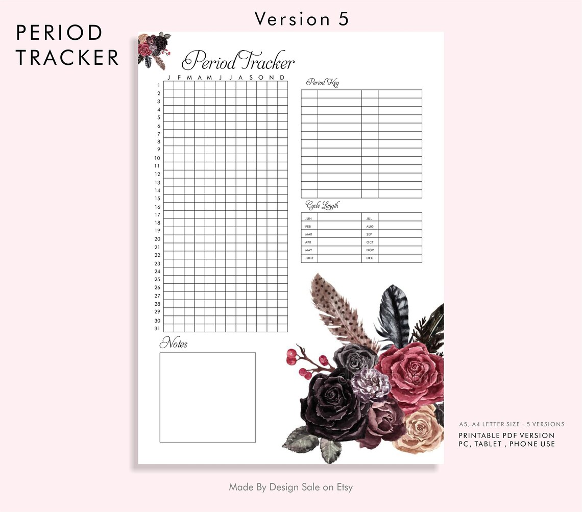 Flowers Period Tracker A4, A5 Size Tracker, Monthly Period Tracker ...