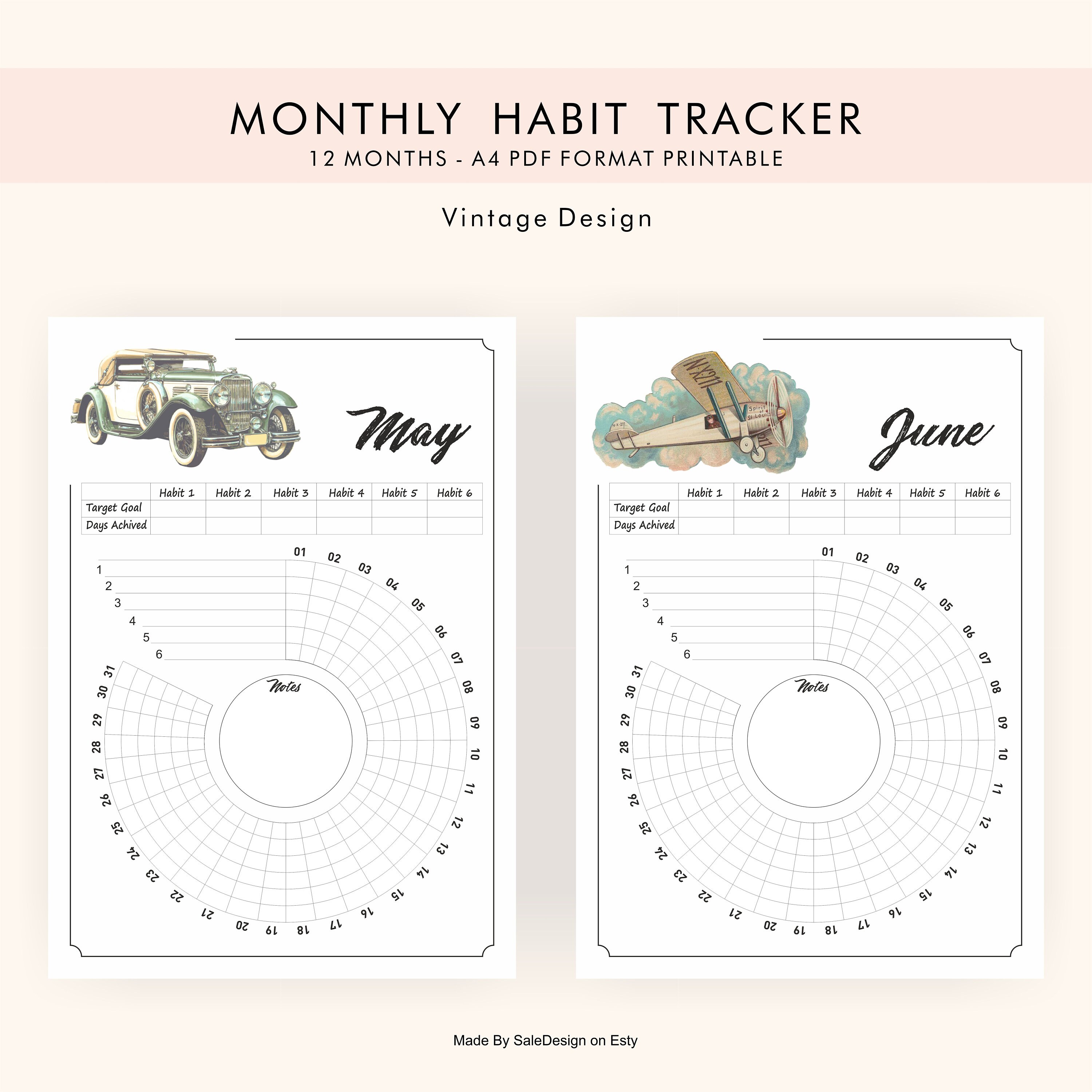 Circle Vintage Monthly Habit Tracker 12 Month Pdf File in 1 Zip Habit ...