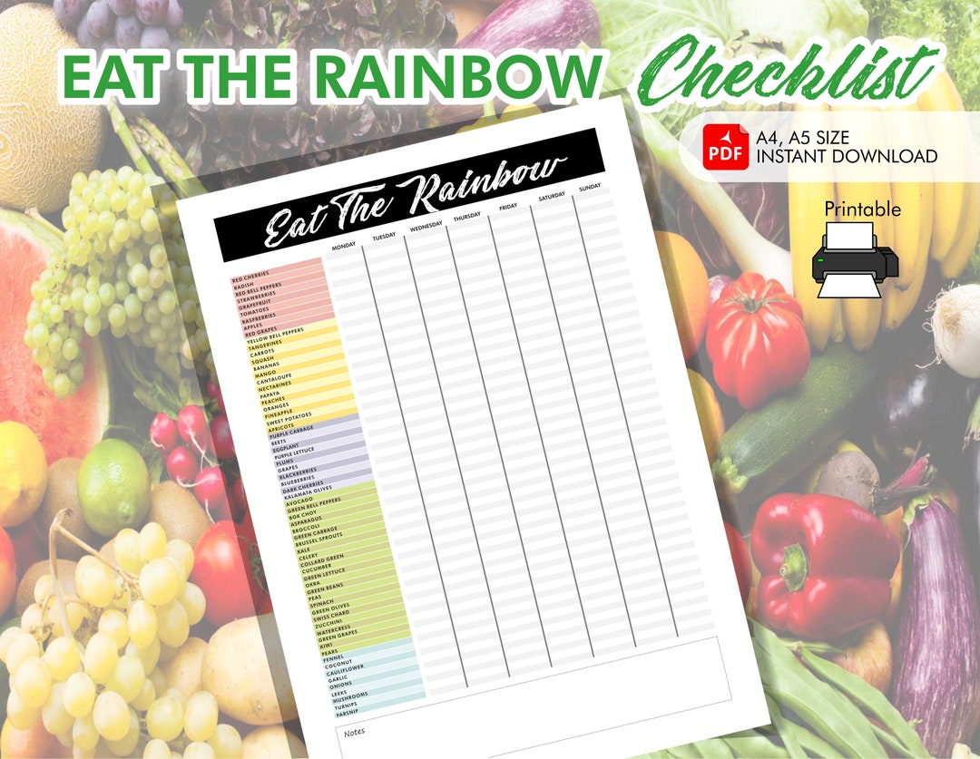 Eat the Rainbow Checklist Printable , A4, A5 Sizes, Healtly Food Chart ...
