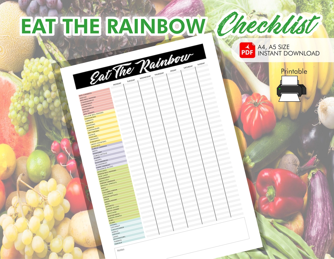 Eat the Rainbow Checklist Printable , A4, A5 Sizes, Healtly Food Chart ...