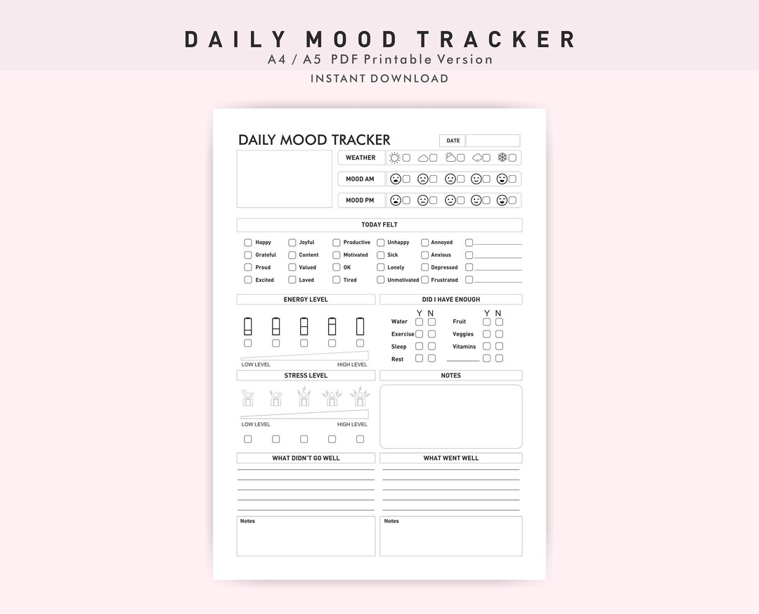 7 Versions Daily Mood Tracker, Pintable Pdf A4,A5 Size Daily Tracker ...