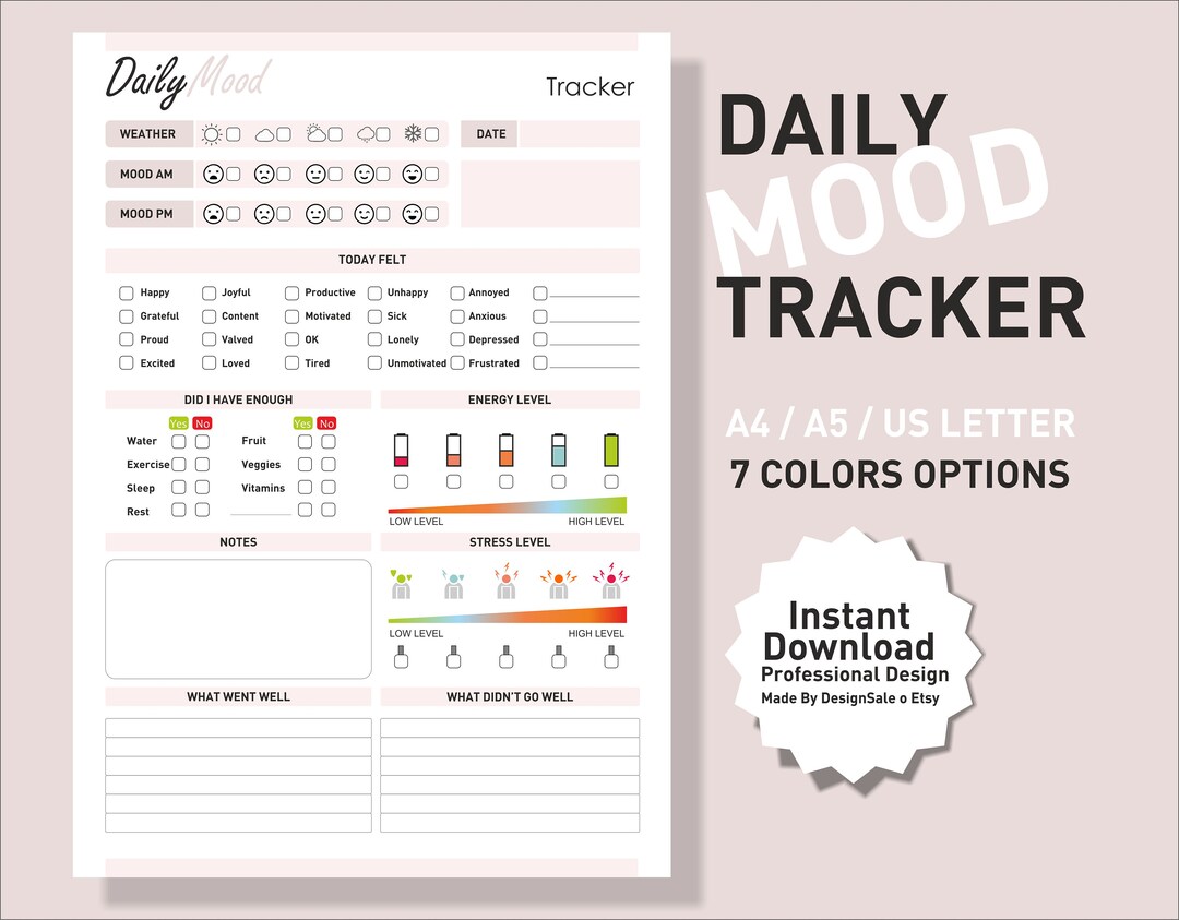 Daily Mood Tracker, 7 Versions Daily Tracker, Pintable Pdf A4,A5 Size ...