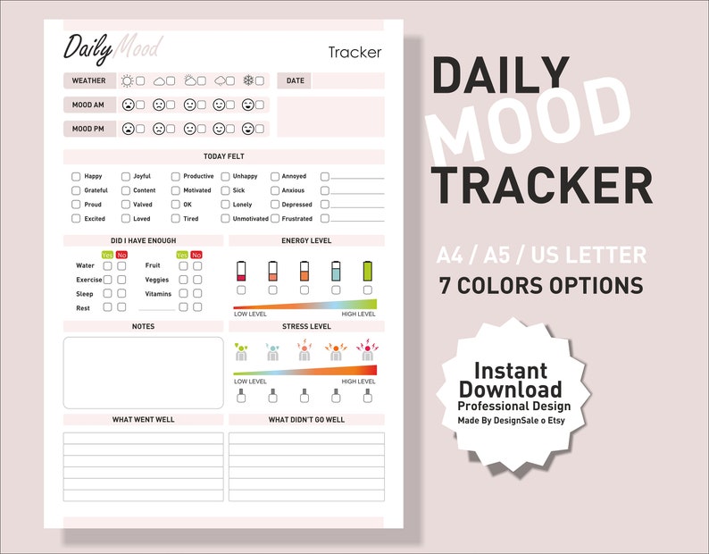 Daily Mood Tracker, 7 Versions Daily Tracker, Pintable Pdf A4,A5 Size ...
