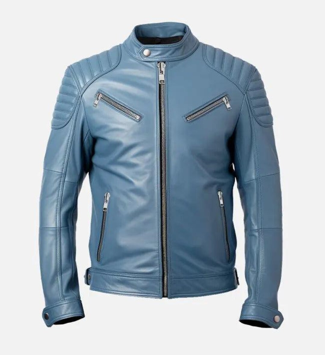 Handmade Blue Leather Biker Jacket: Men's Motorcycle Style - Etsy